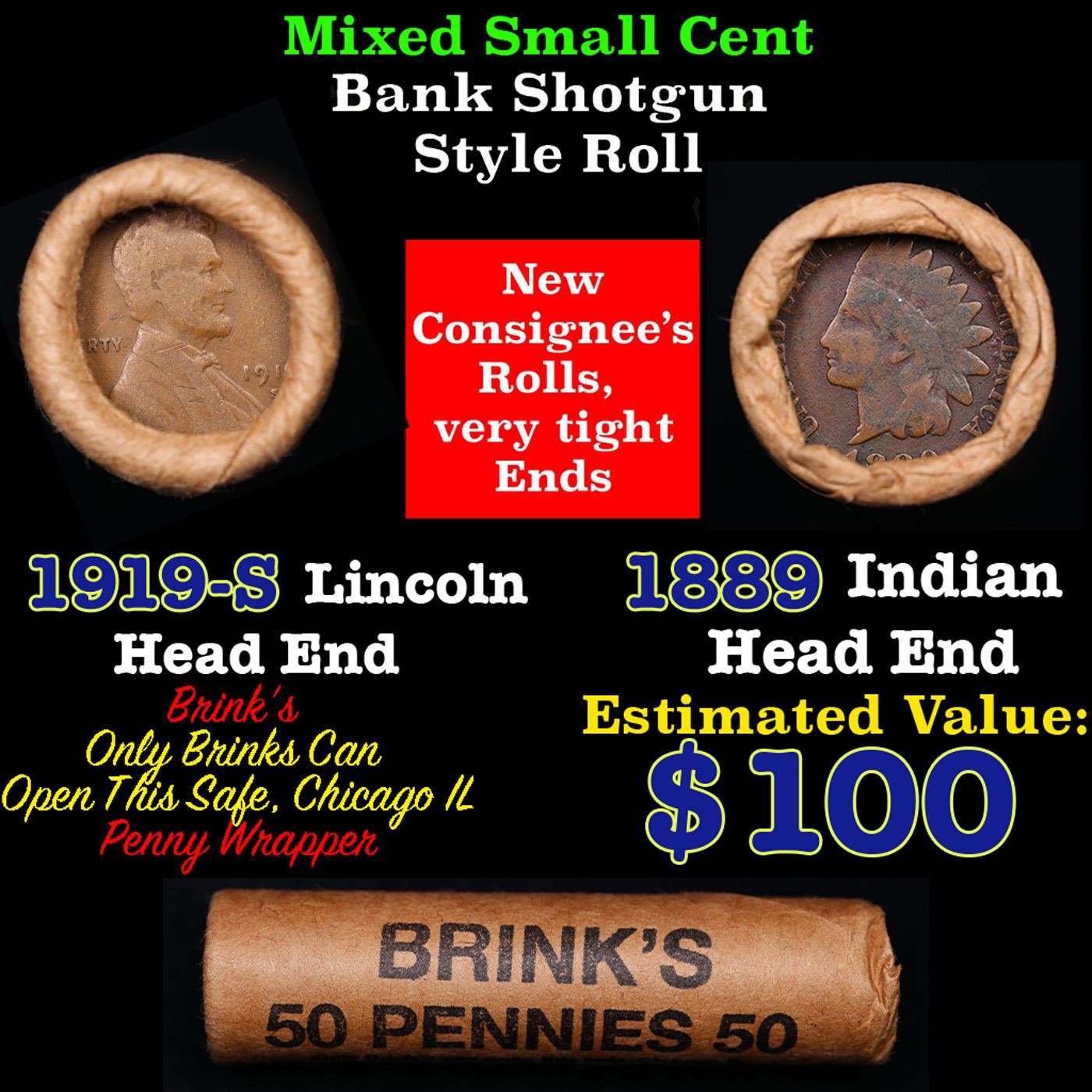 Mixed small cents 1c orig shotgun roll, 1919-s Lincoln Cent, 1889 ...