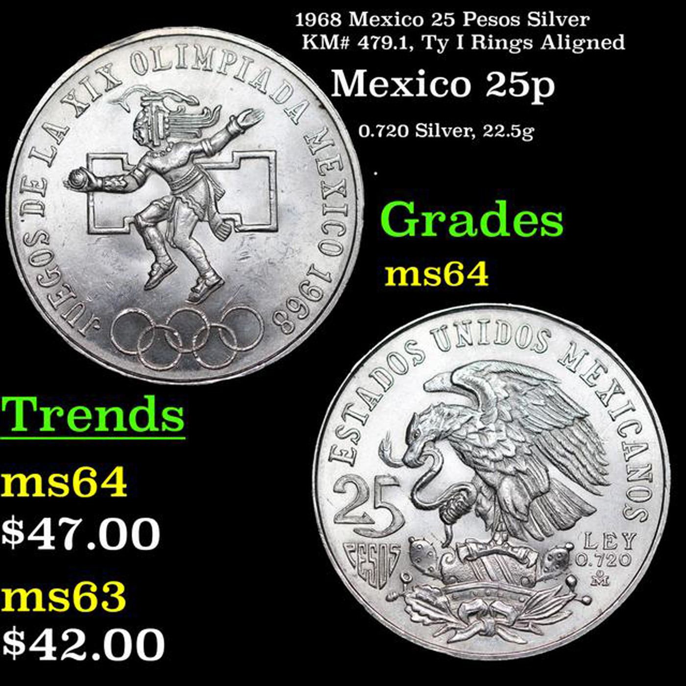 1968 Mexico 25 Pesos Silver KM# 479.1, Ty I Rings Aligned Grades Choice Unc