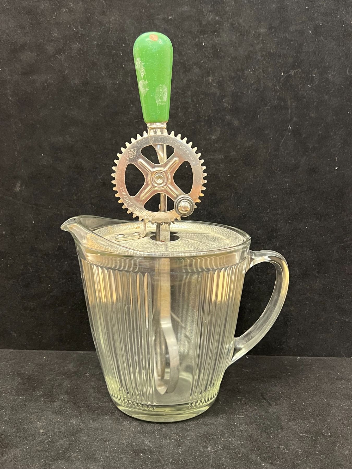 Vintage Manual Hand Crank Mixer & Ribbed Glass Pitcher (pitcher approx ...