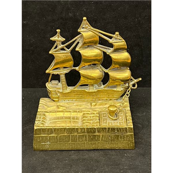 Vintage Brass Clipper Ship Boat Inkwell & Penholder - approx: 6.25"T 5.25"W