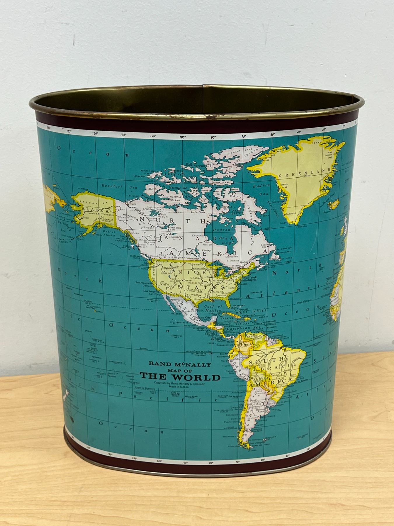 Vintage Tin Metal World Map Trash Can Waste Basket - see pics - About ...