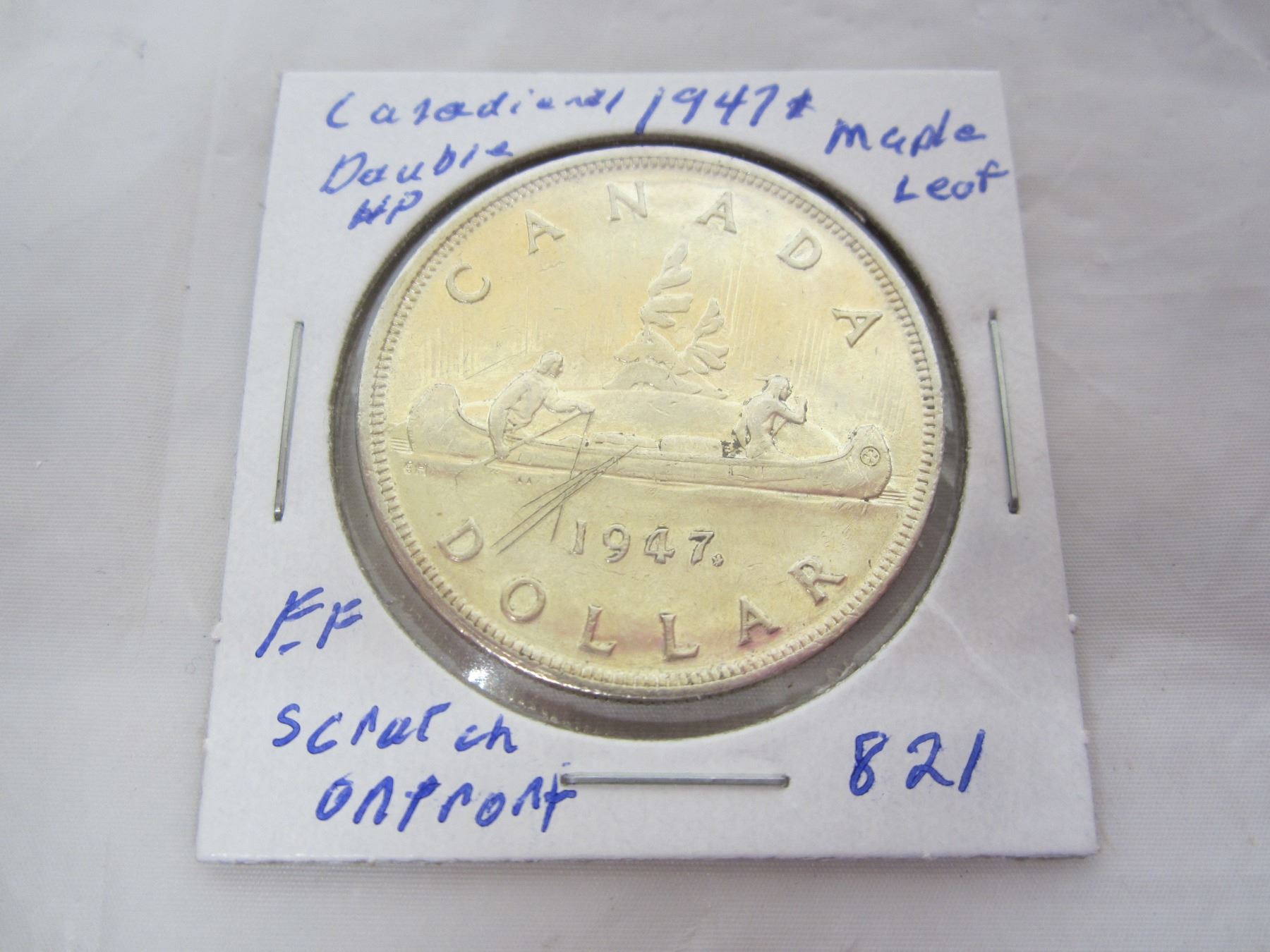 821. Rare Canadian 1947 Maple Leaf Silver Dollar Mintage 21,135 Double HP