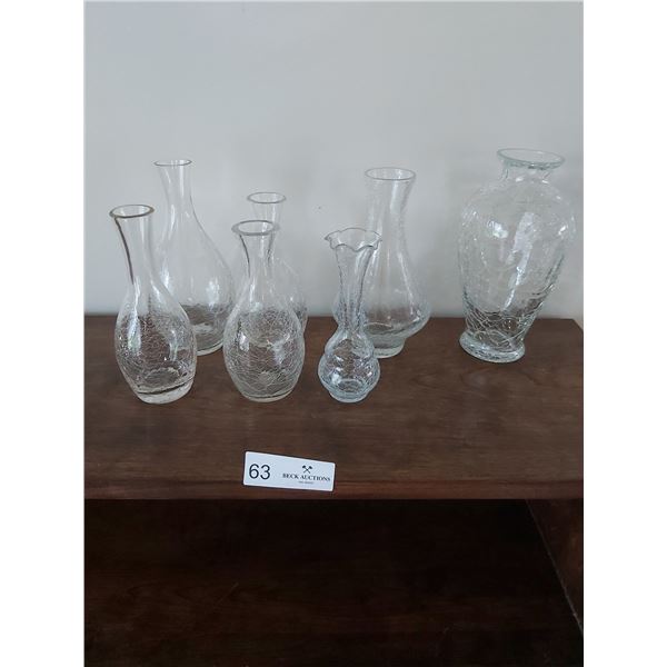 7 Pieces Of Assorted Clear Crackled Glass Vases Beck Auctions Inc