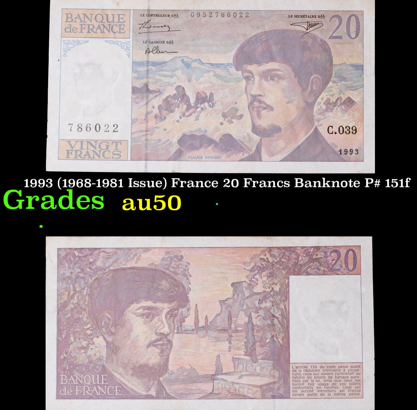 1993 (1968-1981 Issue) France 20 Francs Banknote P# 151f Grades AU ...