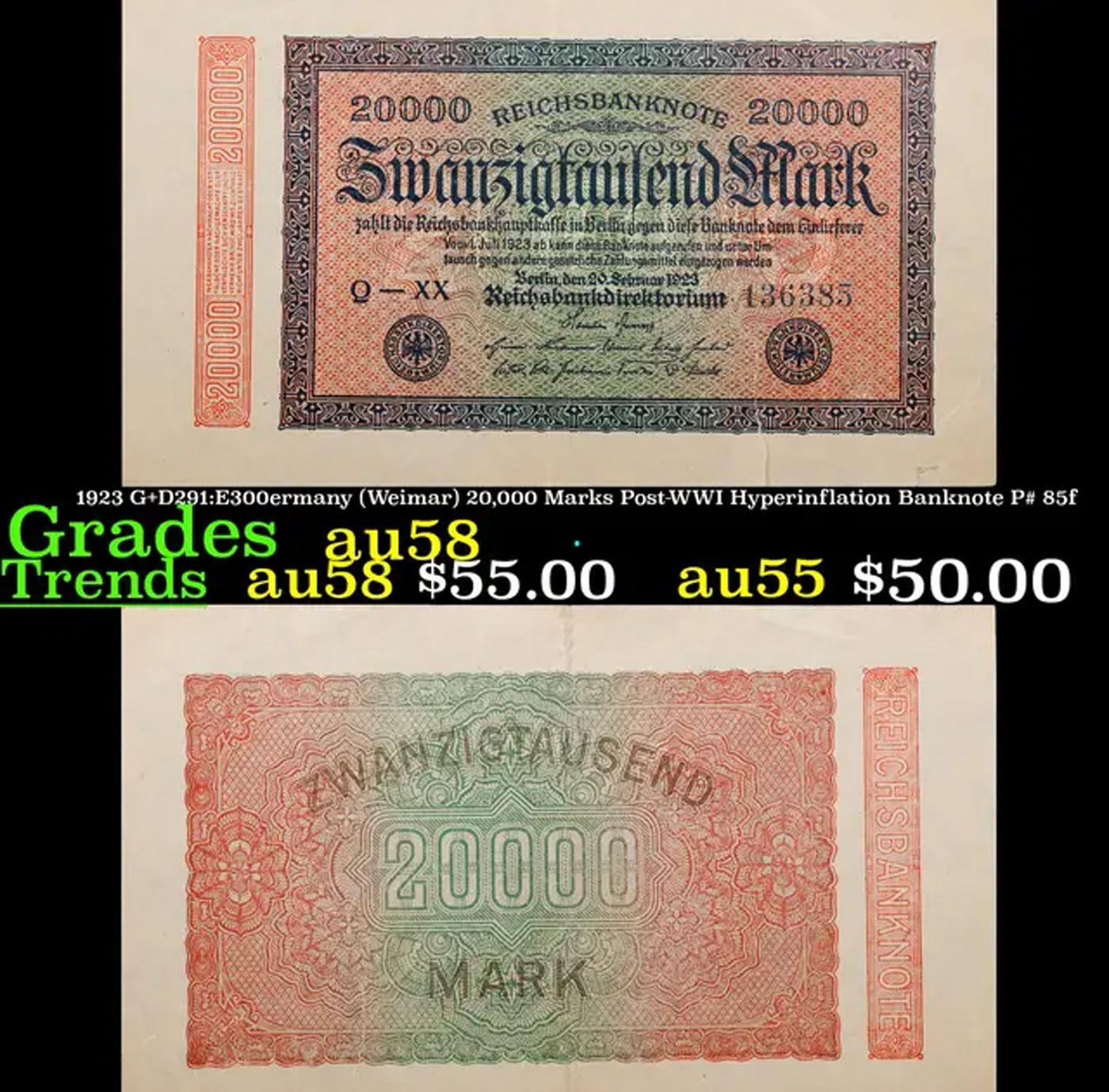 1923 Germany (Weimar) 20,000 Marks Post-WWI Hyperinflation Banknote P ...