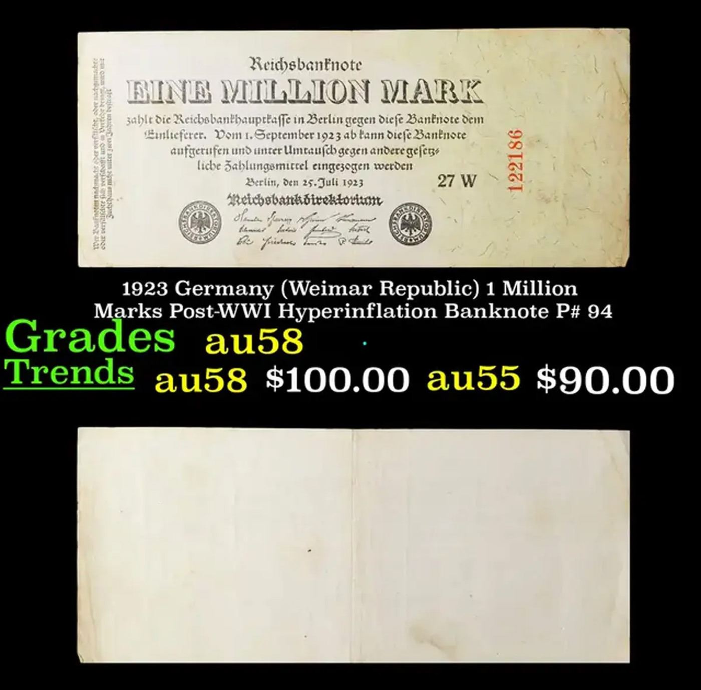 1923 Germany (Weimar Republic) 1 Million Marks Post-WWI Hyperinflation ...