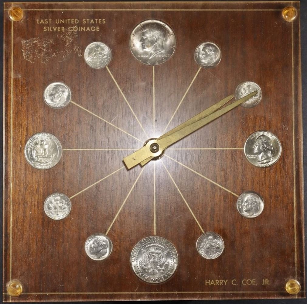 BROWN MARIAN KAY SILVER COIN CLOCK