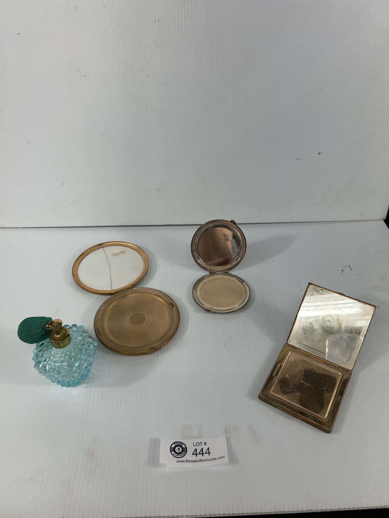 Vintage Lot - 3 Brass Mirror Compacts (1 damaged) & Perfume Bottle