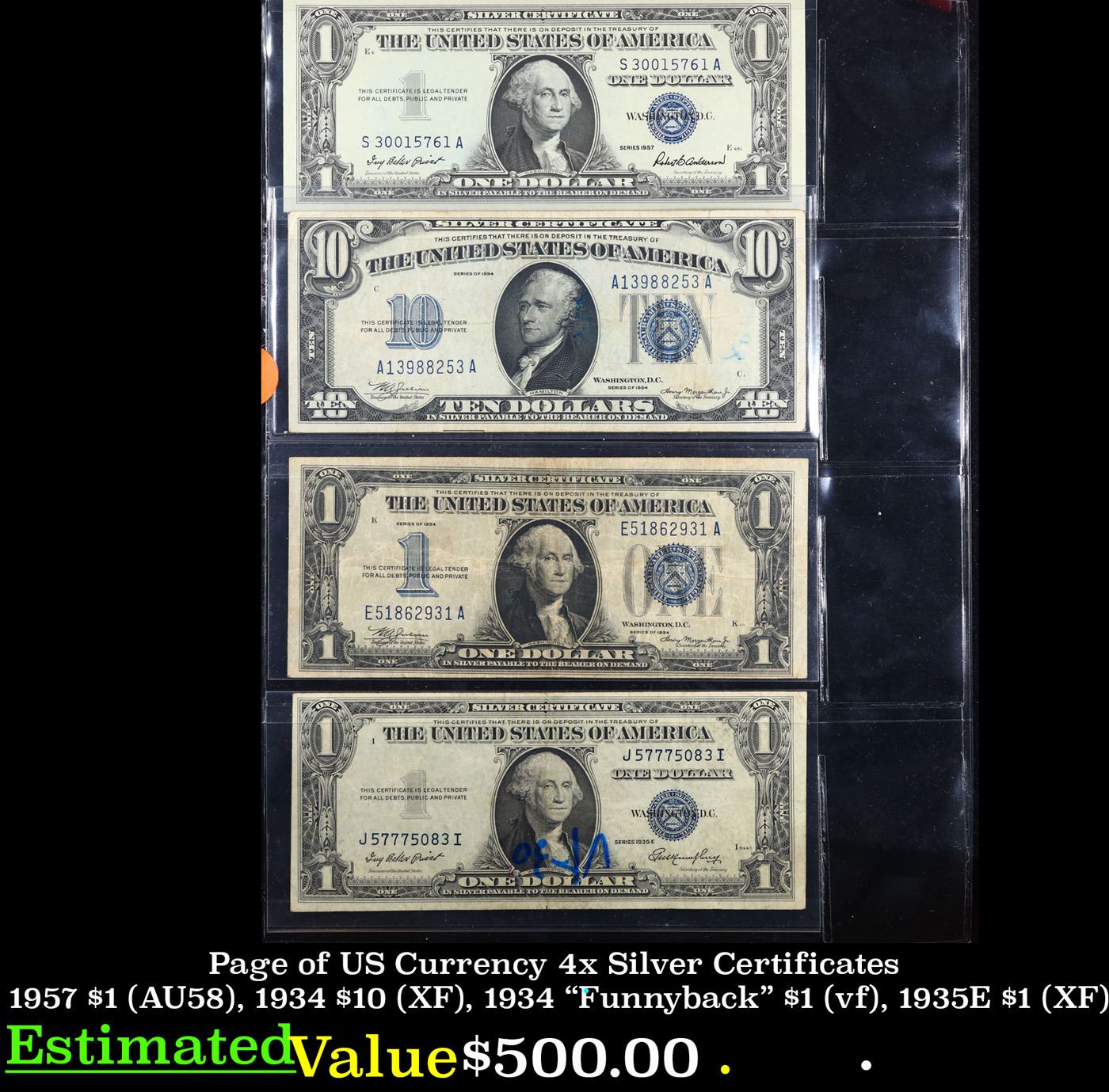Page of US Currency 4x Silver Certificates 1957 $1 (AU58), 1934 $10 (XF ...