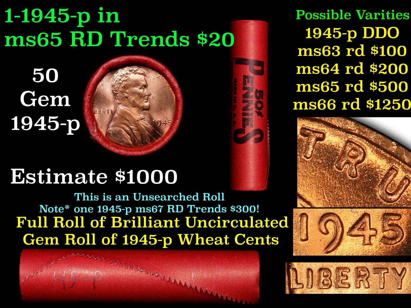 ***Auction Highlight*** Ultra Rare BU Shotgun Lincoln 1c roll, 1945-p ...