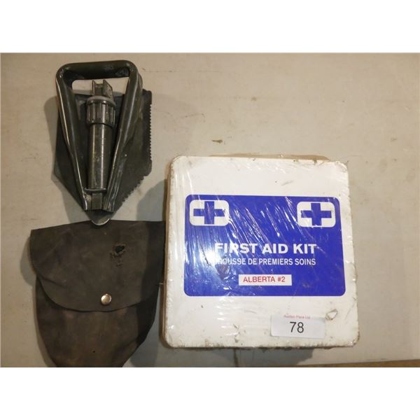 first aid kit, foldable shovel