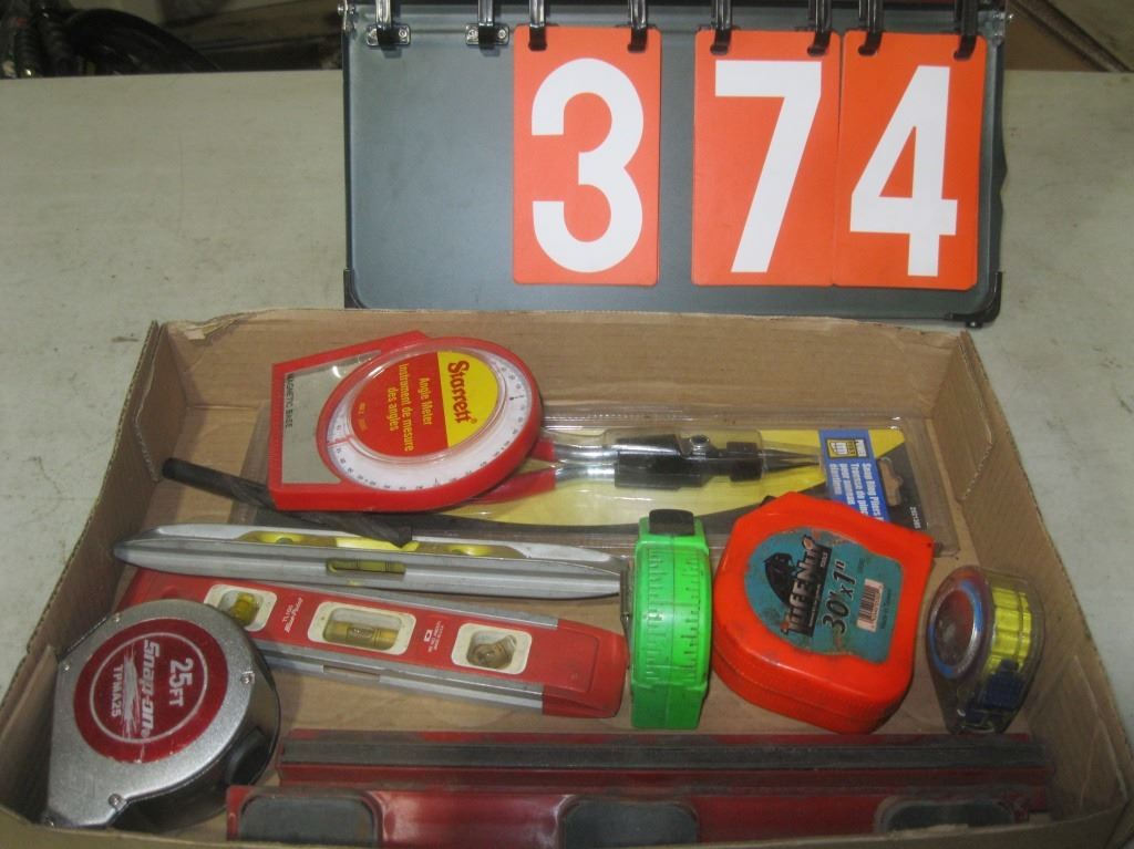 levels, measuring tapes, angle meter, snap