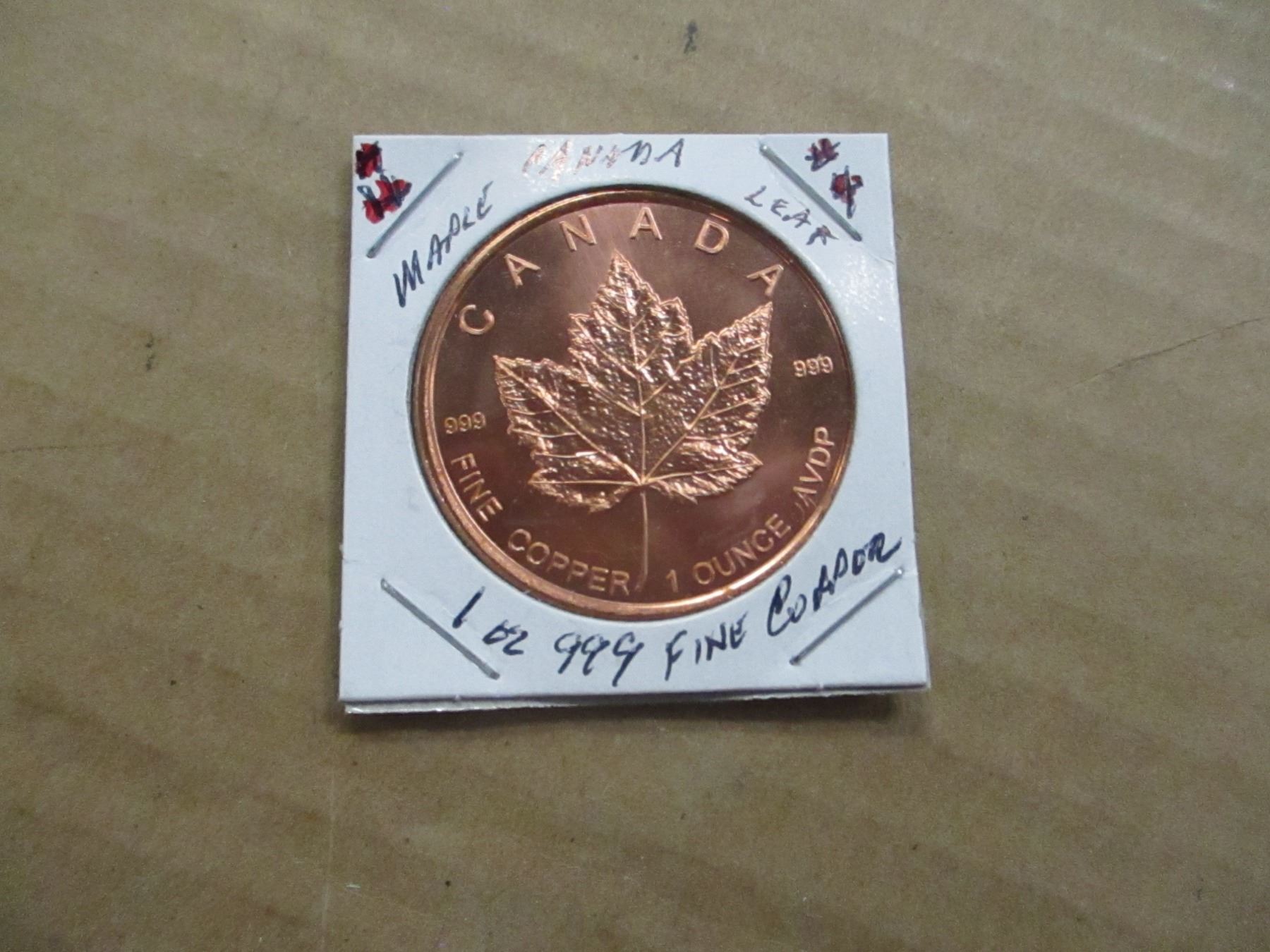 1 OZ 999 CANADA MAPLE LEAF FINE COPPER