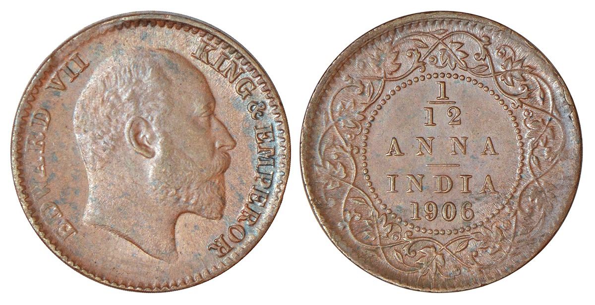 British India: Edward VII, copper 1/12 anna, 1906, Calcutta mint, PR 821; GK 1015, 2.16g.