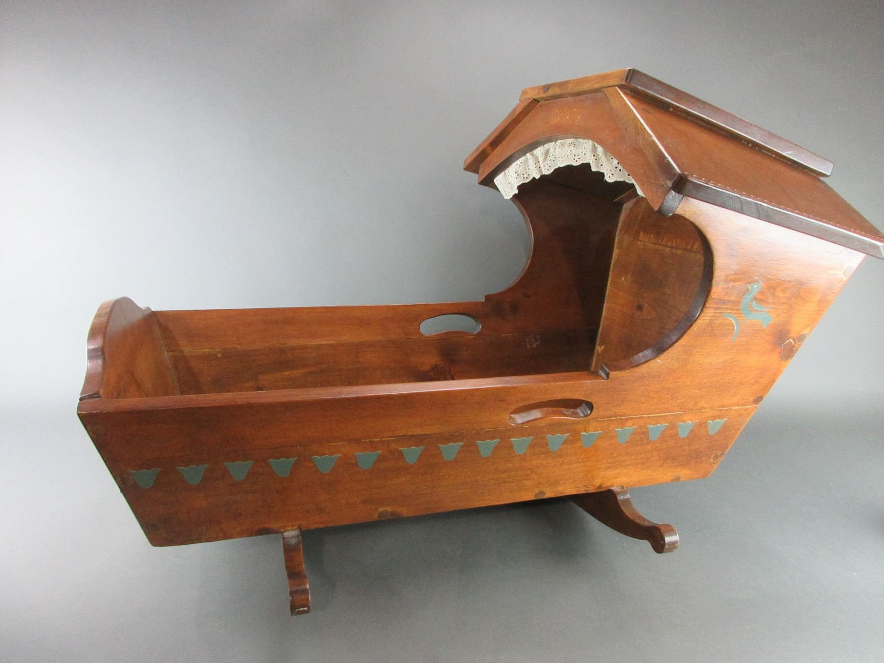 Amish Baby Rocking Cradle With Folk Art Design- 31"L X 16"W X 22"H