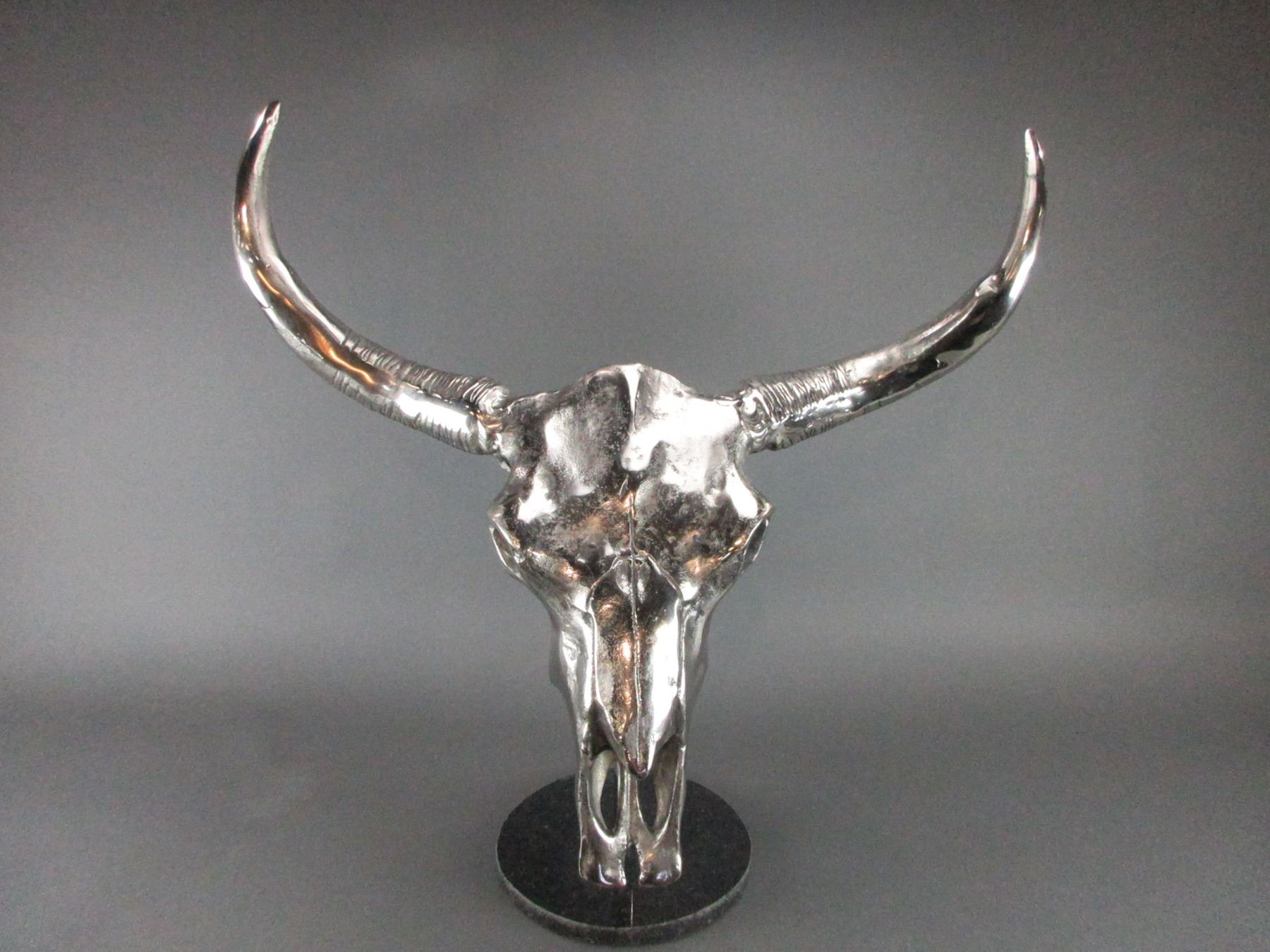 Stainless Steer Skull On Stand- 26" Horns- 17" Skull
