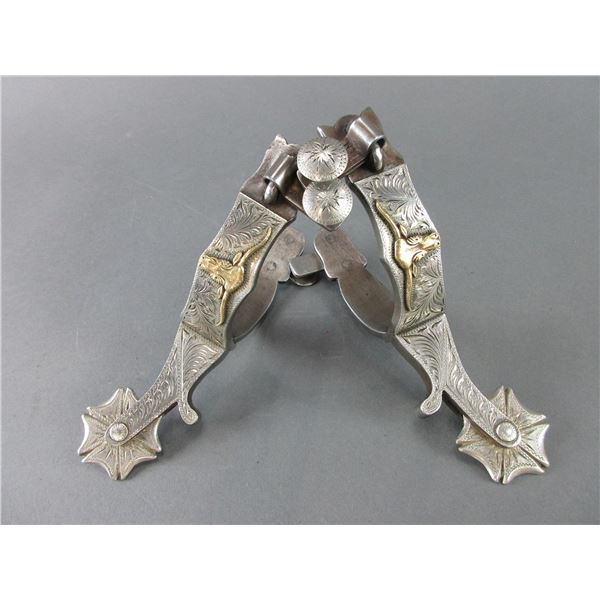 Marked L+M Double Mounted Silver Overlaid Spurs- .8" Bands- 2.25 ...
