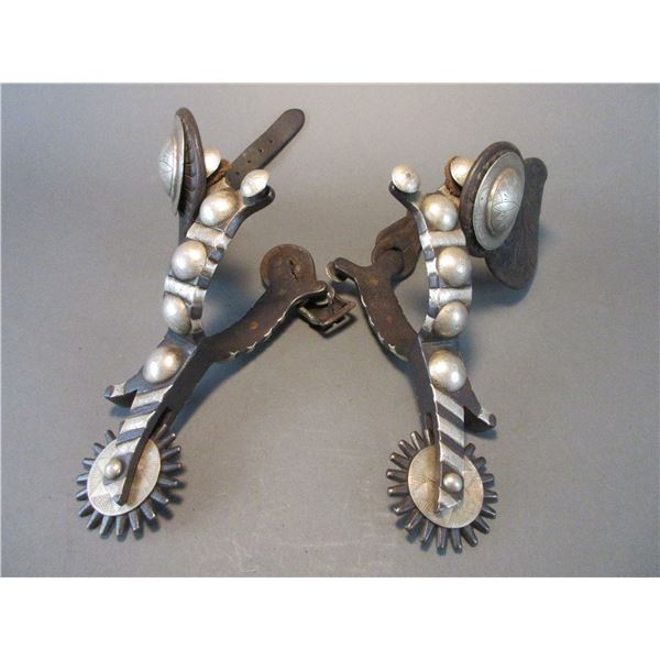 Unmarked Schnitger Silver Inlaid Double Mounted Spurs- 1" Heavy Bands ...