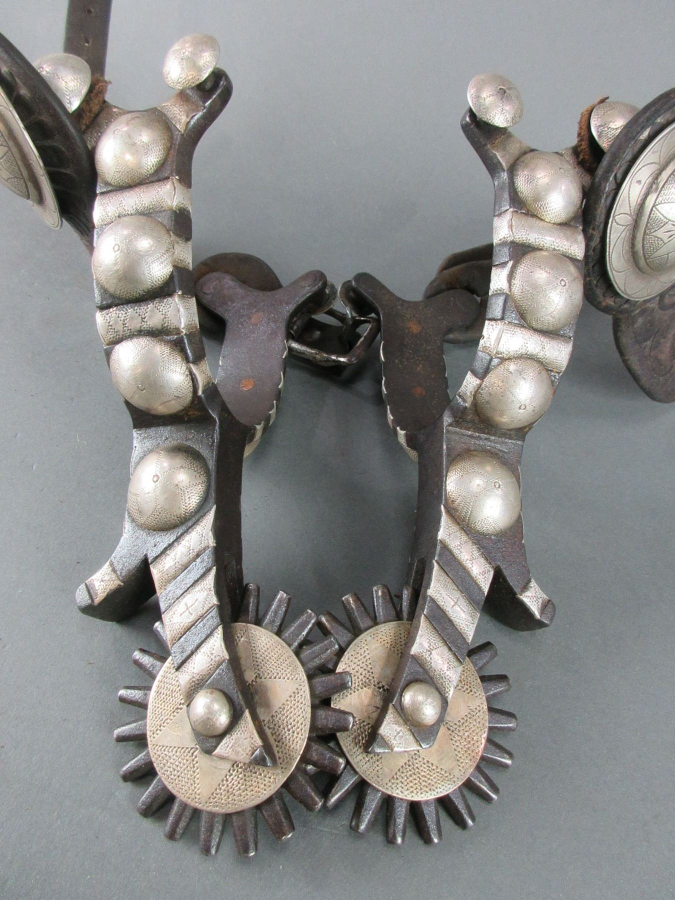 Unmarked Schnitger Silver Inlaid Double Mounted Spurs- 1" Heavy Bands ...