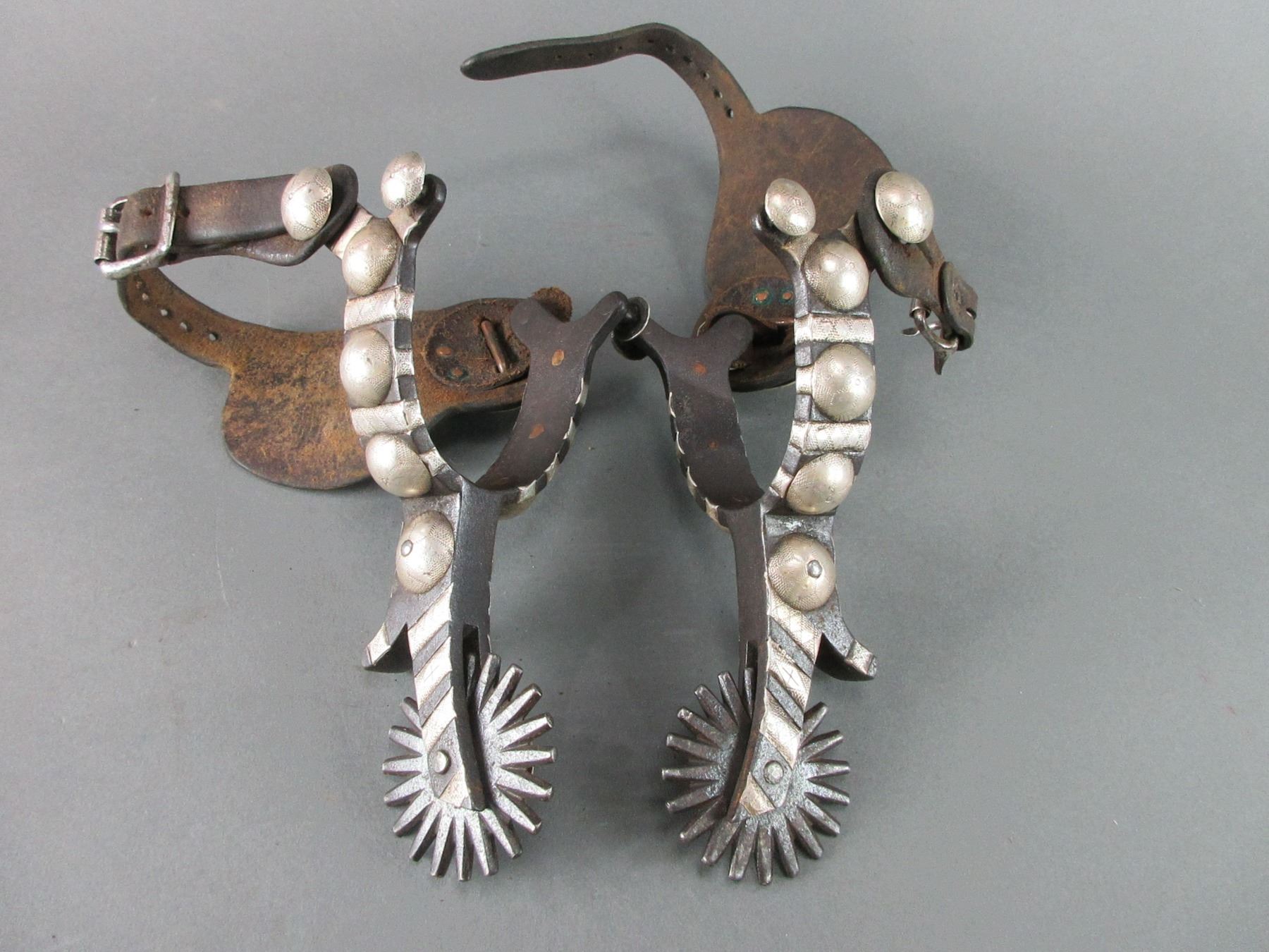 Unmarked Schnitger Silver Inlaid Double Mounted Spurs- 1" Heavy Bands ...