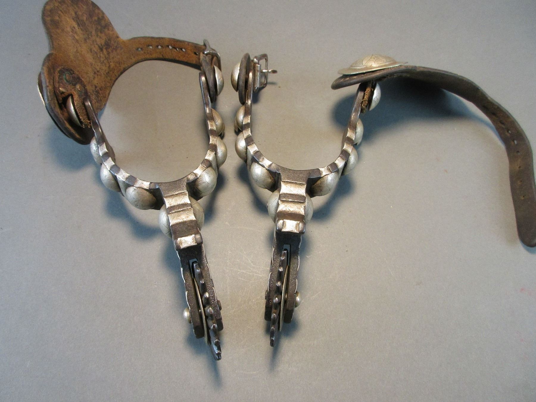 Unmarked Schnitger Silver Inlaid Double Mounted Spurs- 1" Heavy Bands ...
