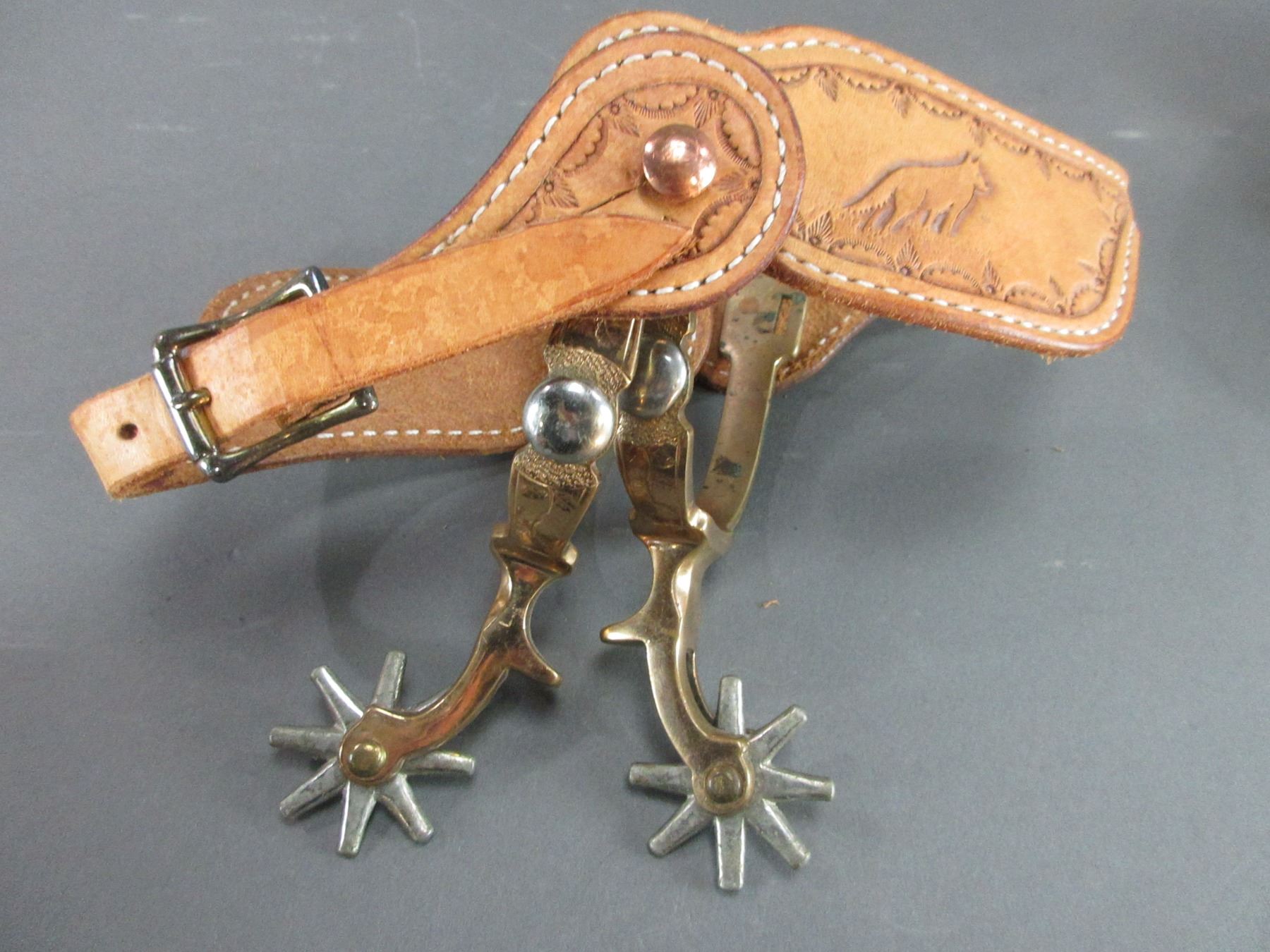 Anchor Marked 1 Dot Spurs- .6" Bands- 2" Shanks- 8 Point Rowels- Hercules Bronze- Stamped Straps- Ex