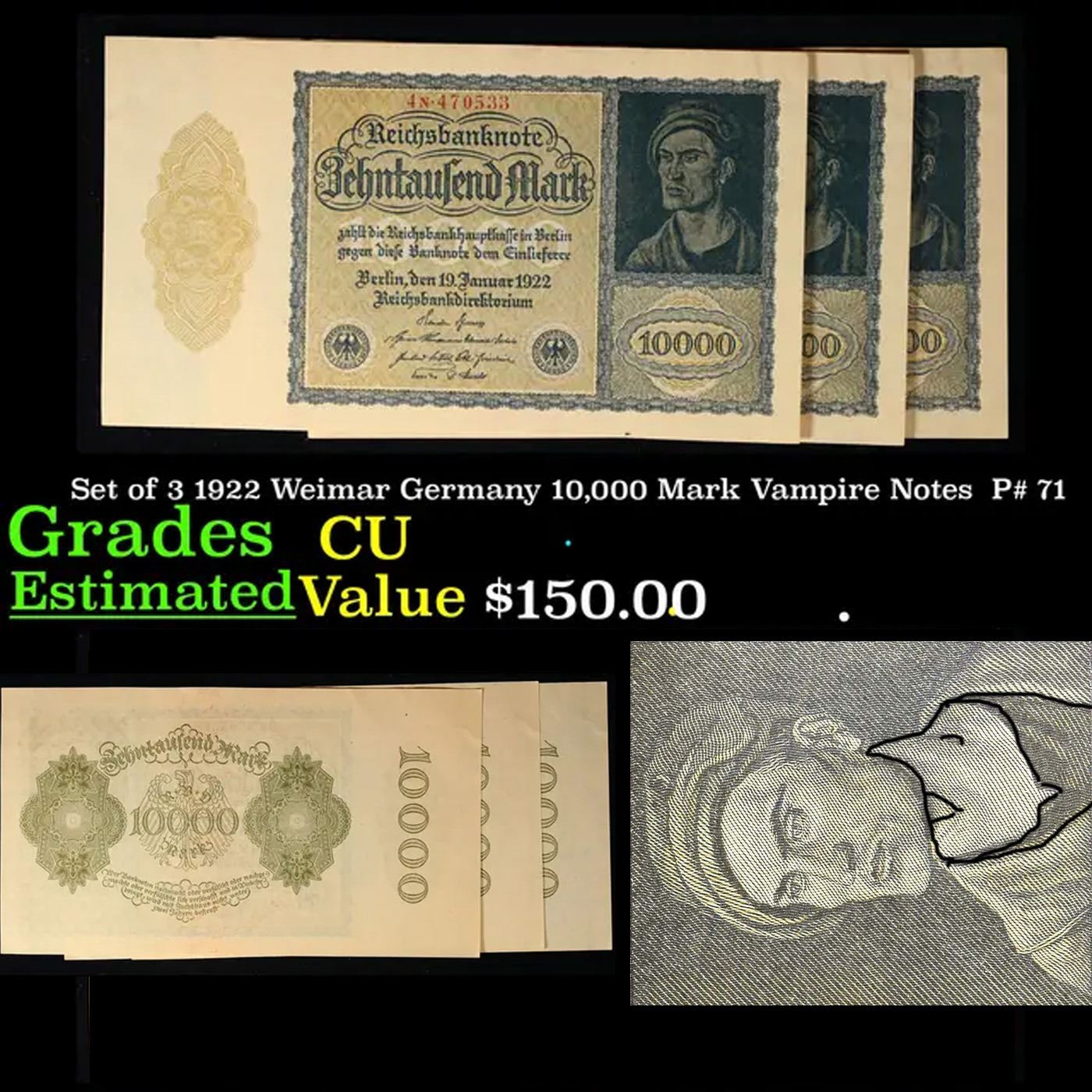 Set of 3 1922 Weimar Germany 10,000 Mark Vampire Notes P# 71 Grades CU