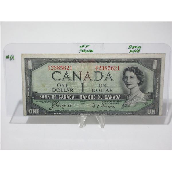 1954 DEVILS FACE ERROR OFF CENTER STRUCK $1 BILL