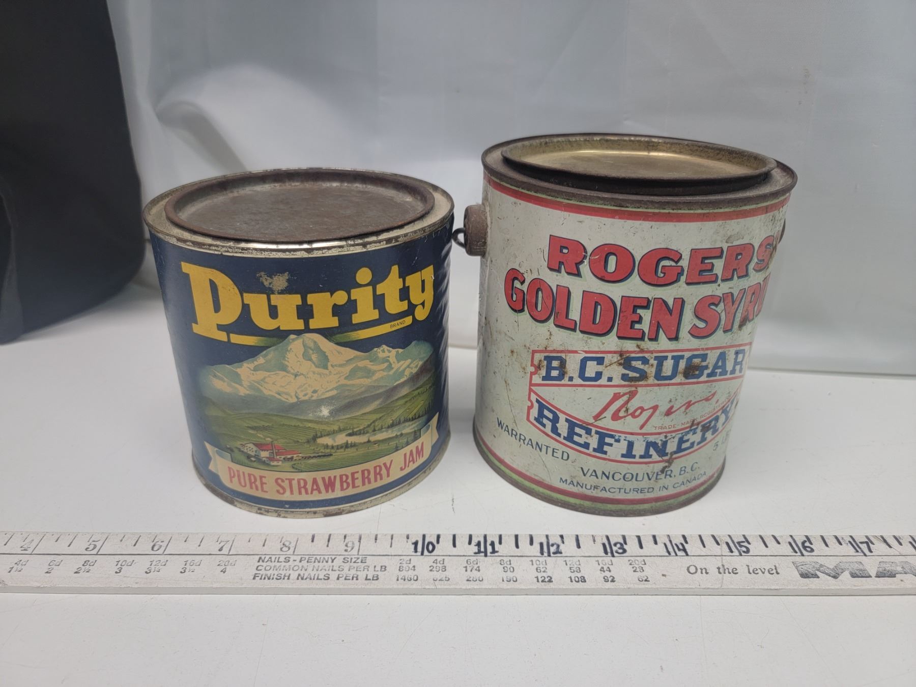 two tins- 5 lb rogers syrup & 48 oz Purity Strawberry Jam w/ paper label