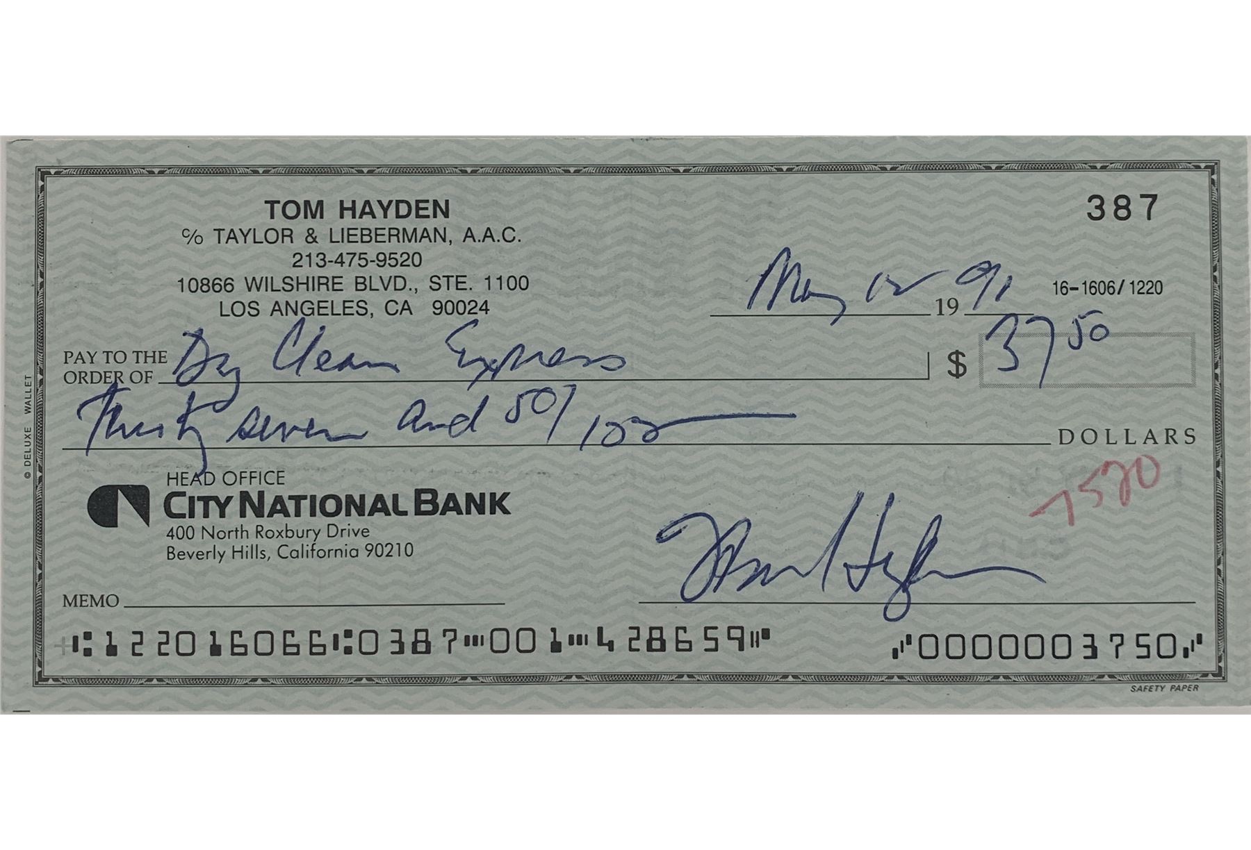Tom Hayden signed check
