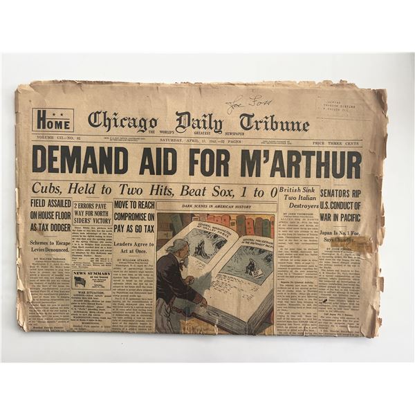 Joe Foss signed 1943 Chicago Herald Tribune newspaper