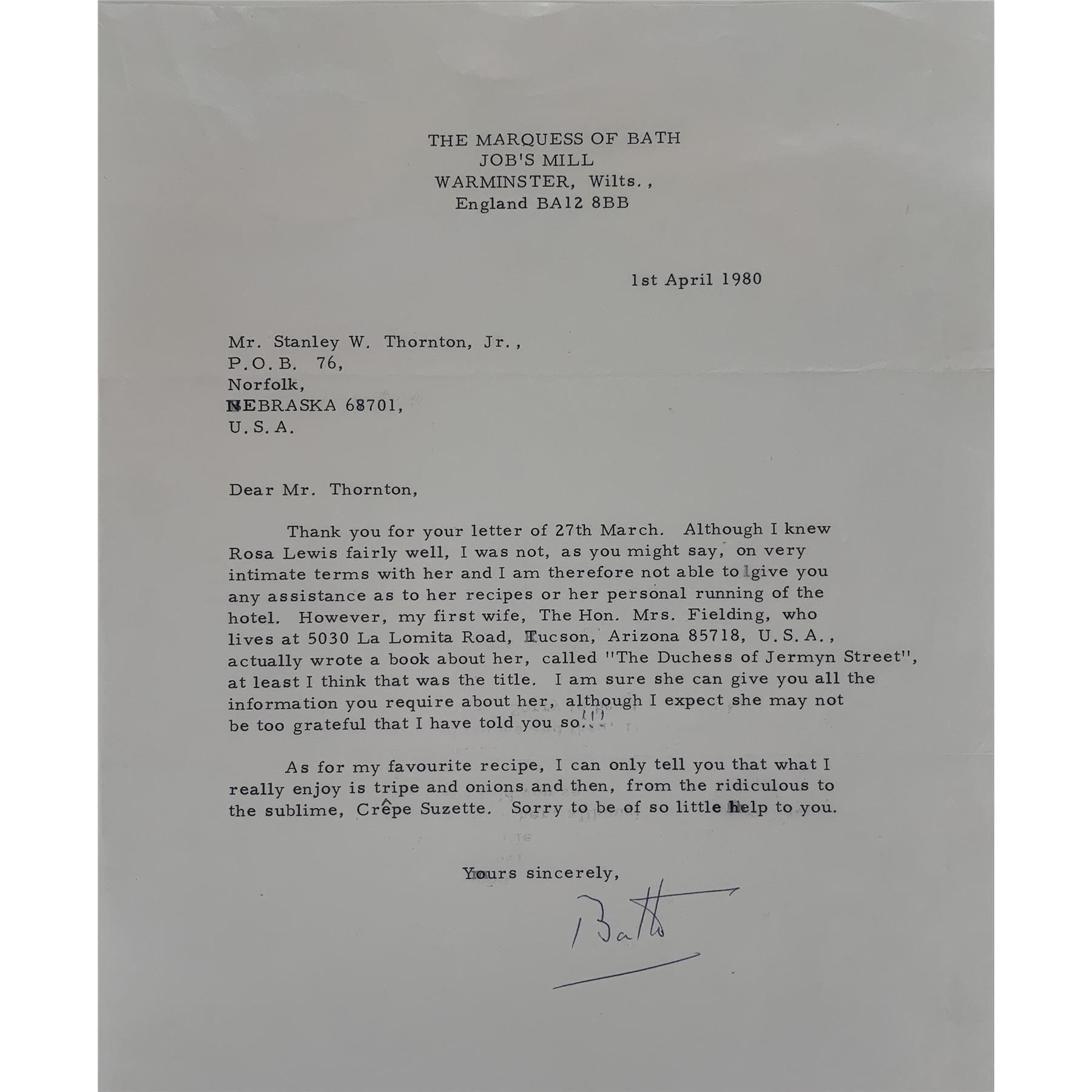 House of Lords Marquess of Bath signed letter