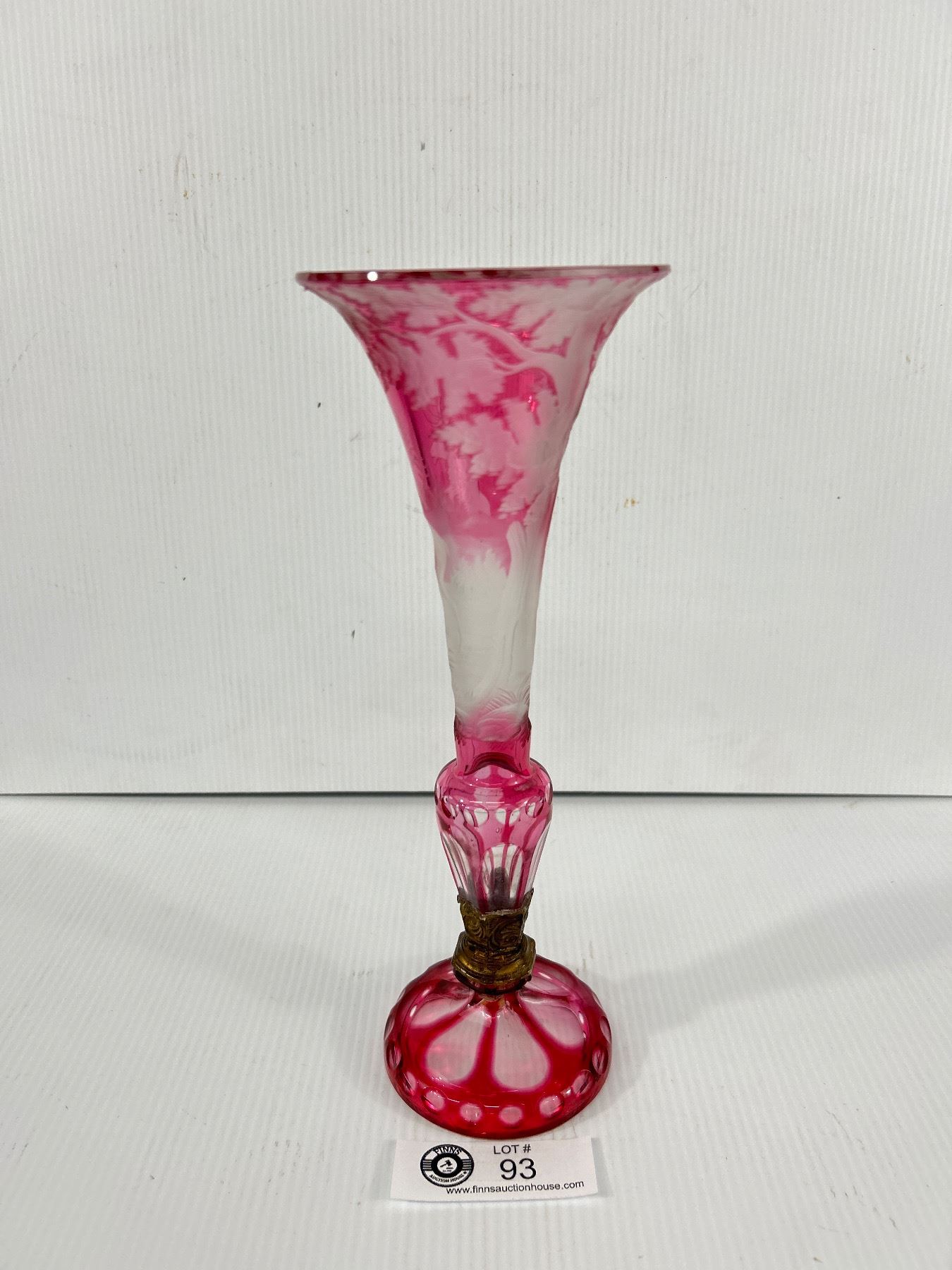 Antique 1880 Ruby Glass Bohemian Vase With Etching.Shows Repair to the Base