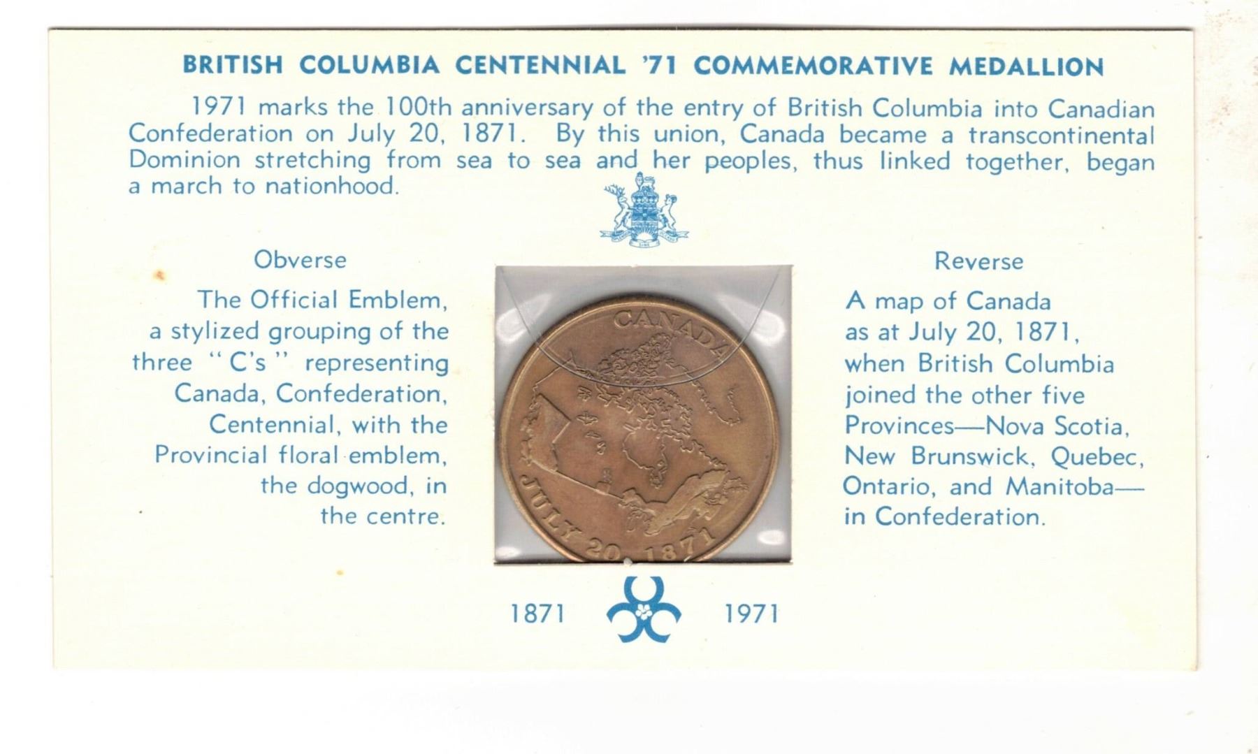 British Columbia Centennial 1871 1971 Commemorative Medallion Original ...