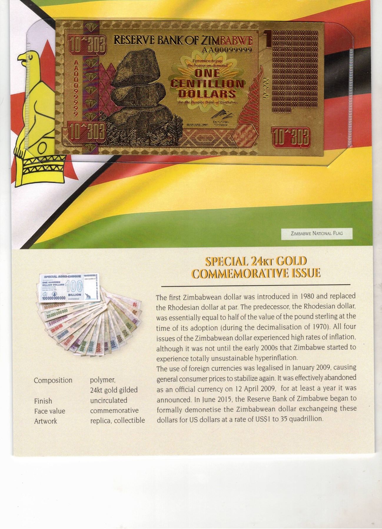 Zimbabwe 1 Centillion Dollars Gold Plated Banknote