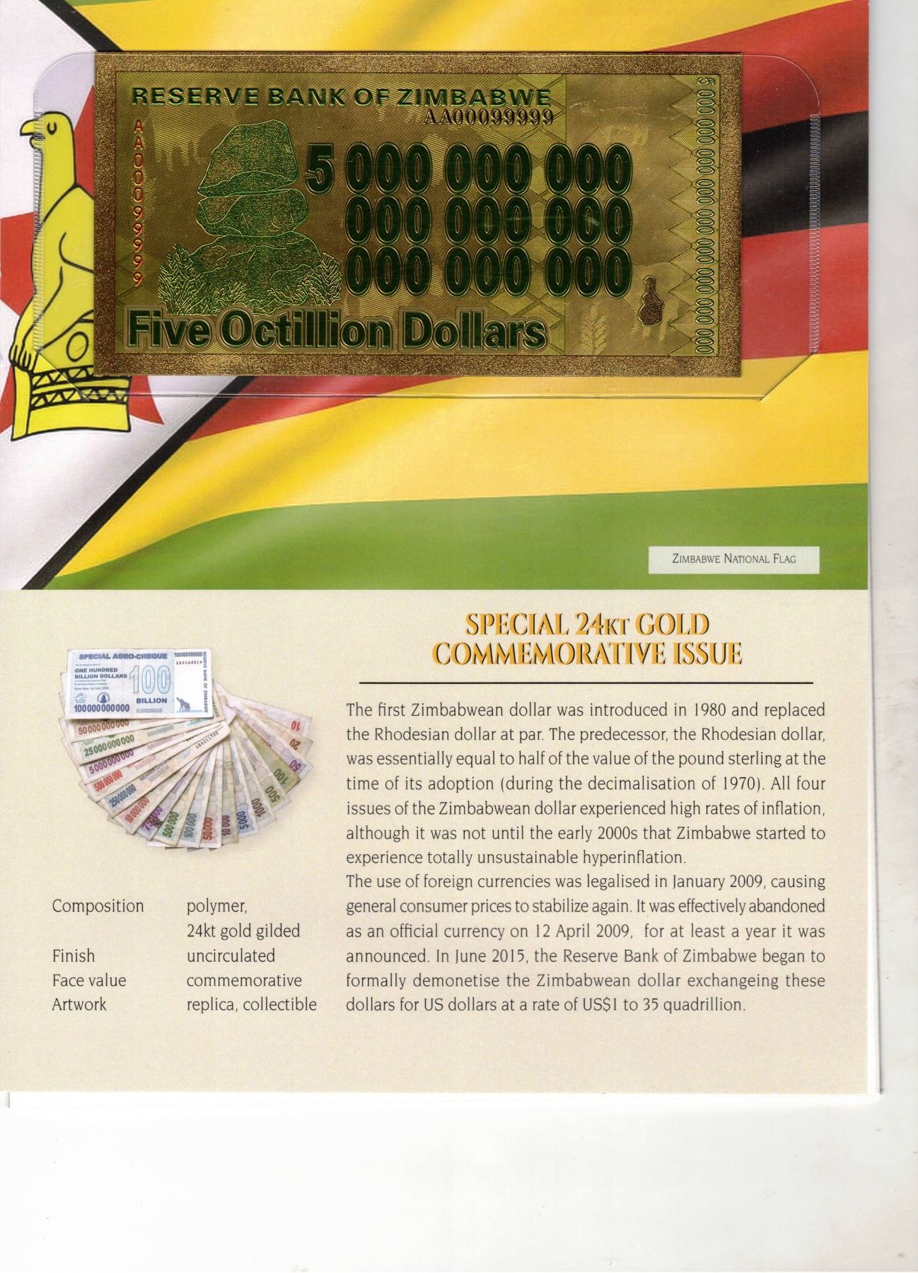 Five Octillion Dollars Zimbabwe24k Gold Foil Banknote