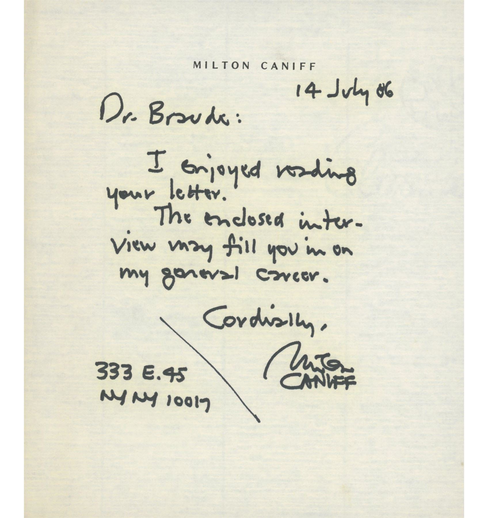 Milton Caniff hand written signed note