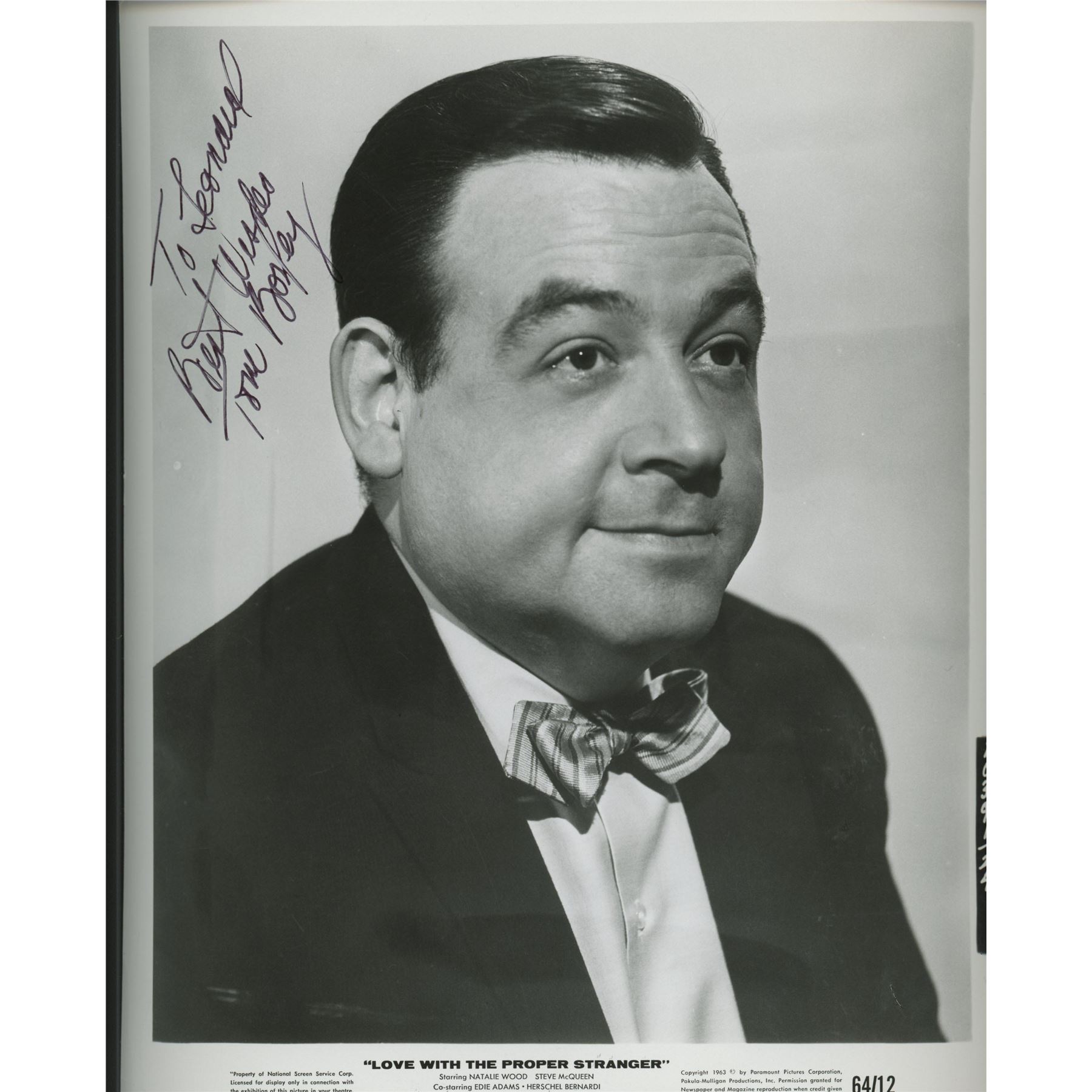 Tom Bosley signed "Love With the Proper Stranger" movie photo