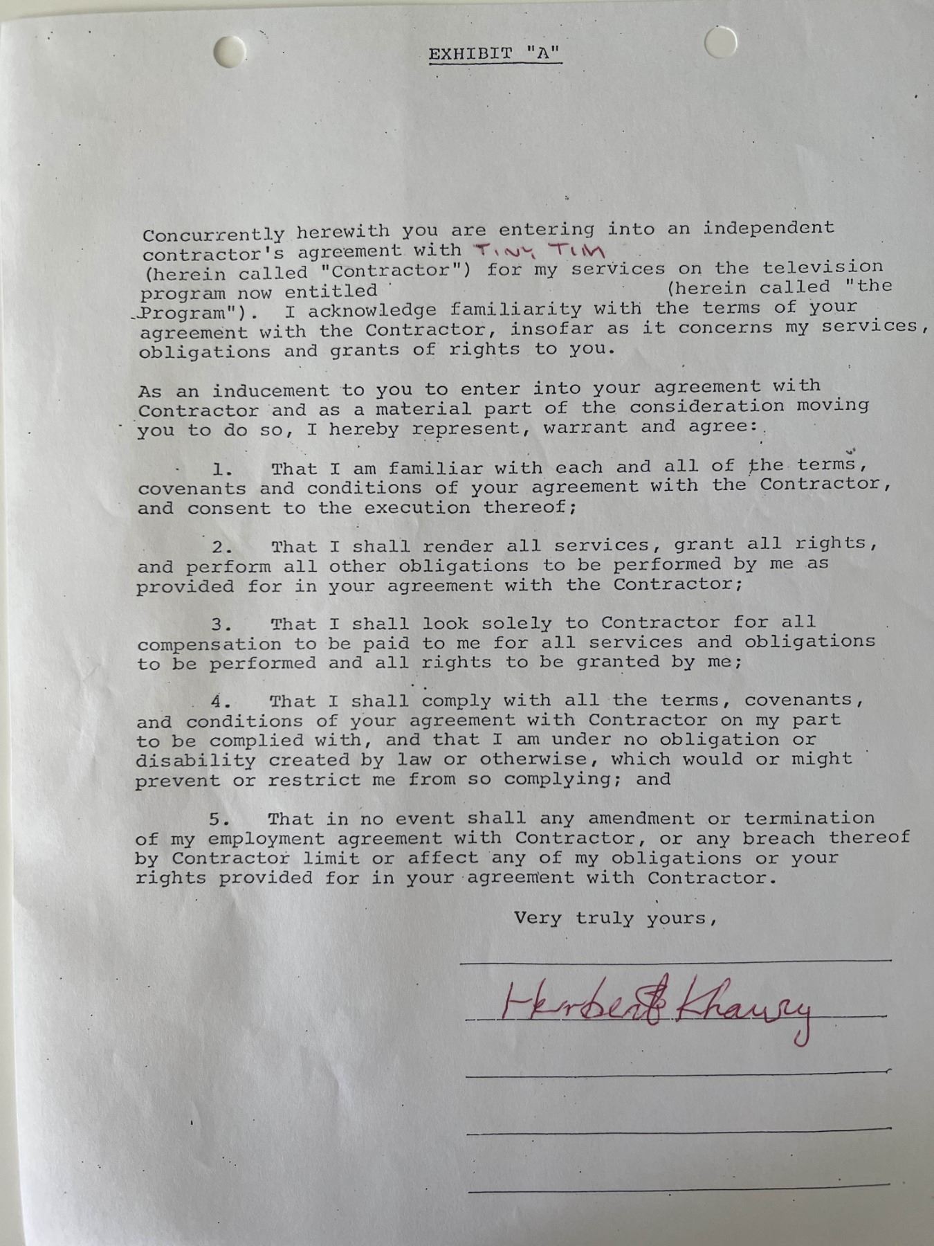 Herbert Butros Khaury Tiny Tim signed contract