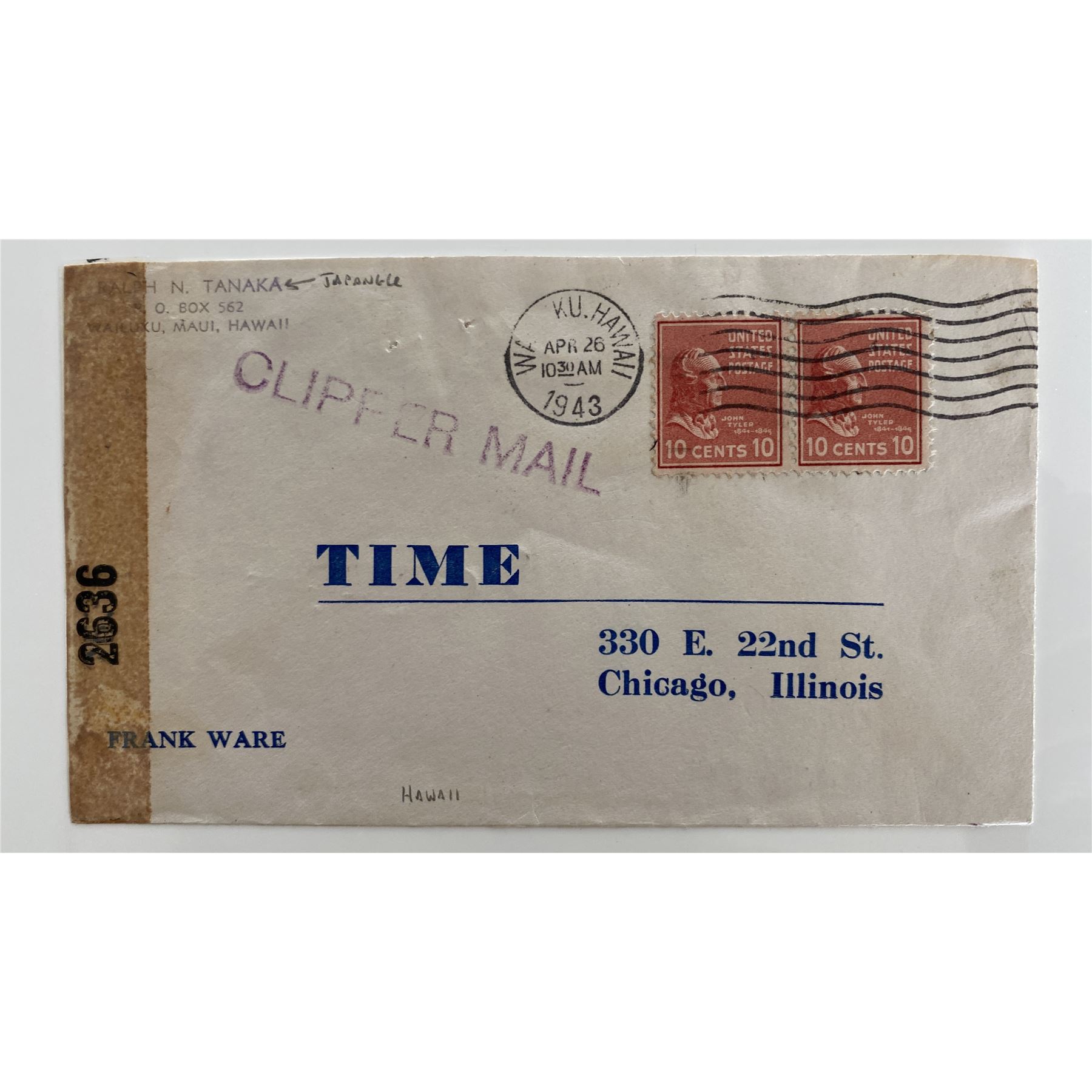 1943 WWII Territory of Hawaii censor stamp