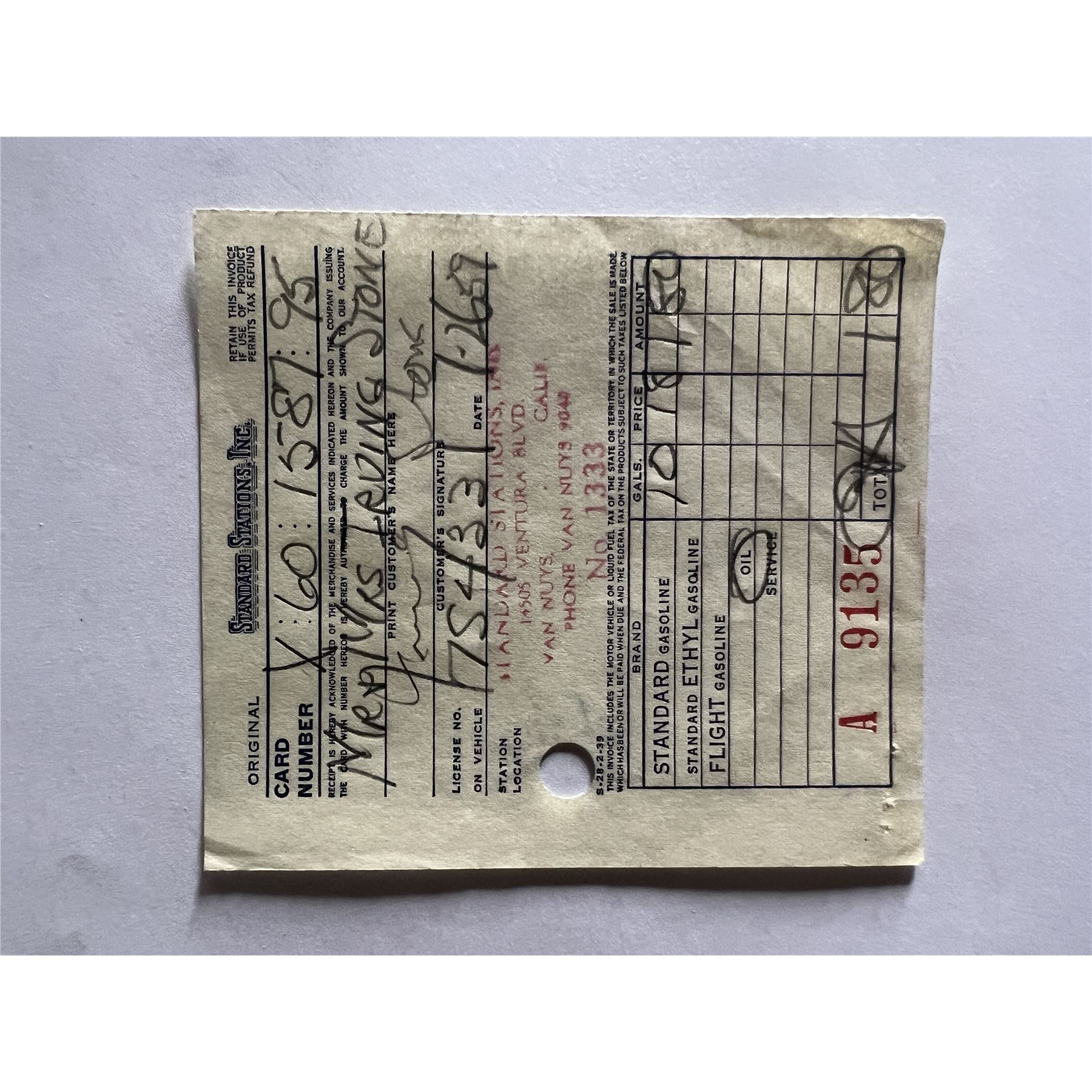 Irving Stone signed gas receipt