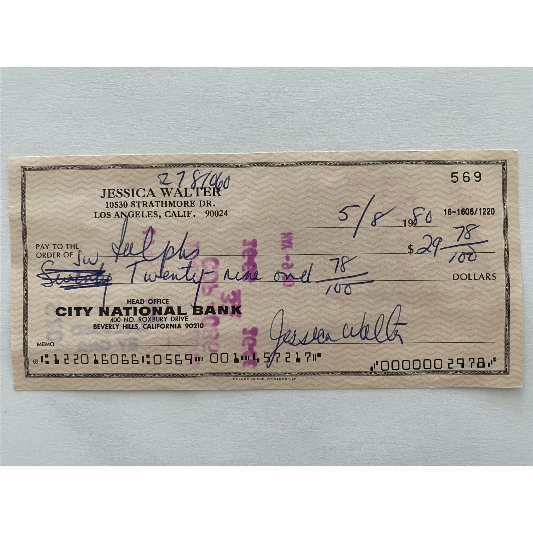 Jessica Walter signed check