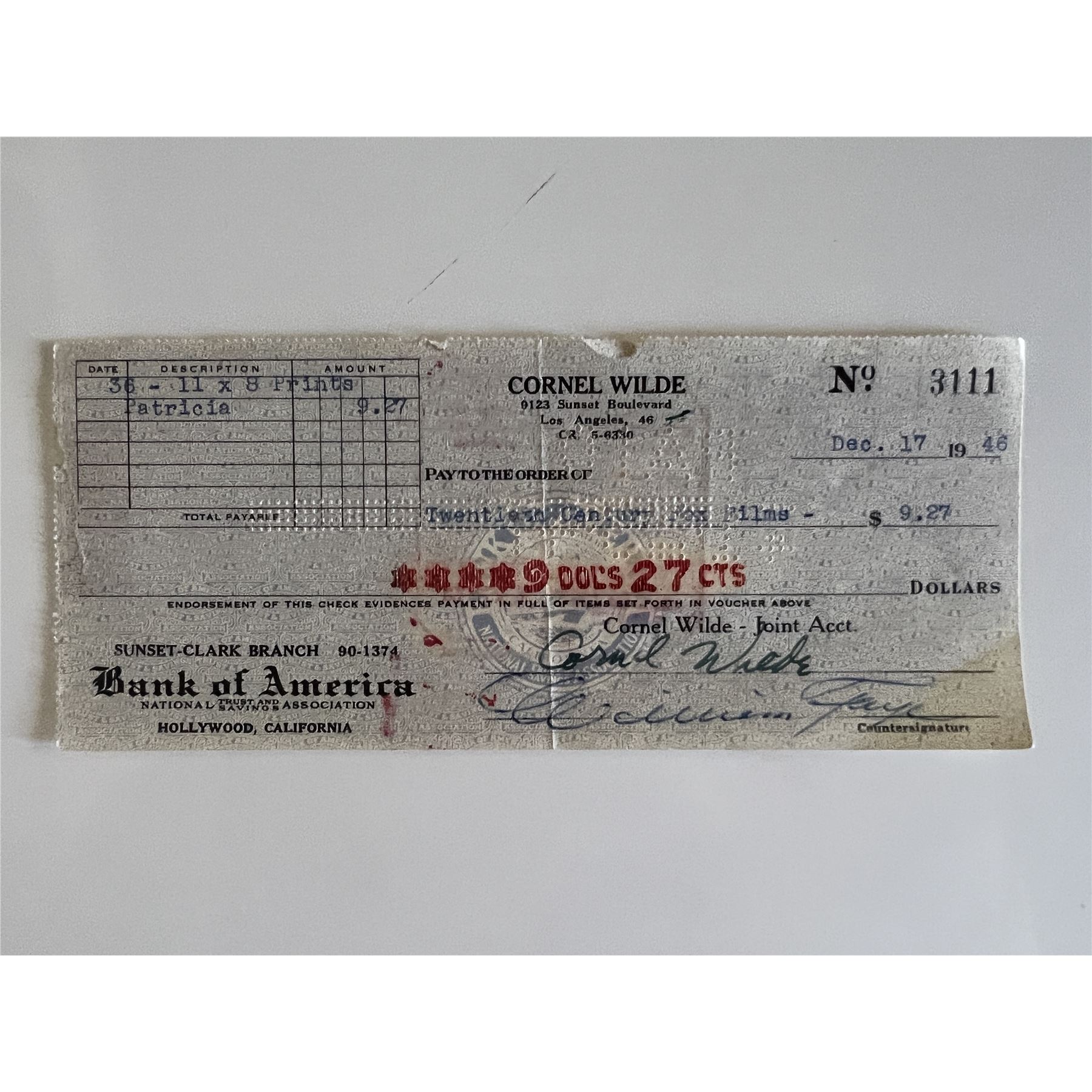 Cornel Wilde signed check