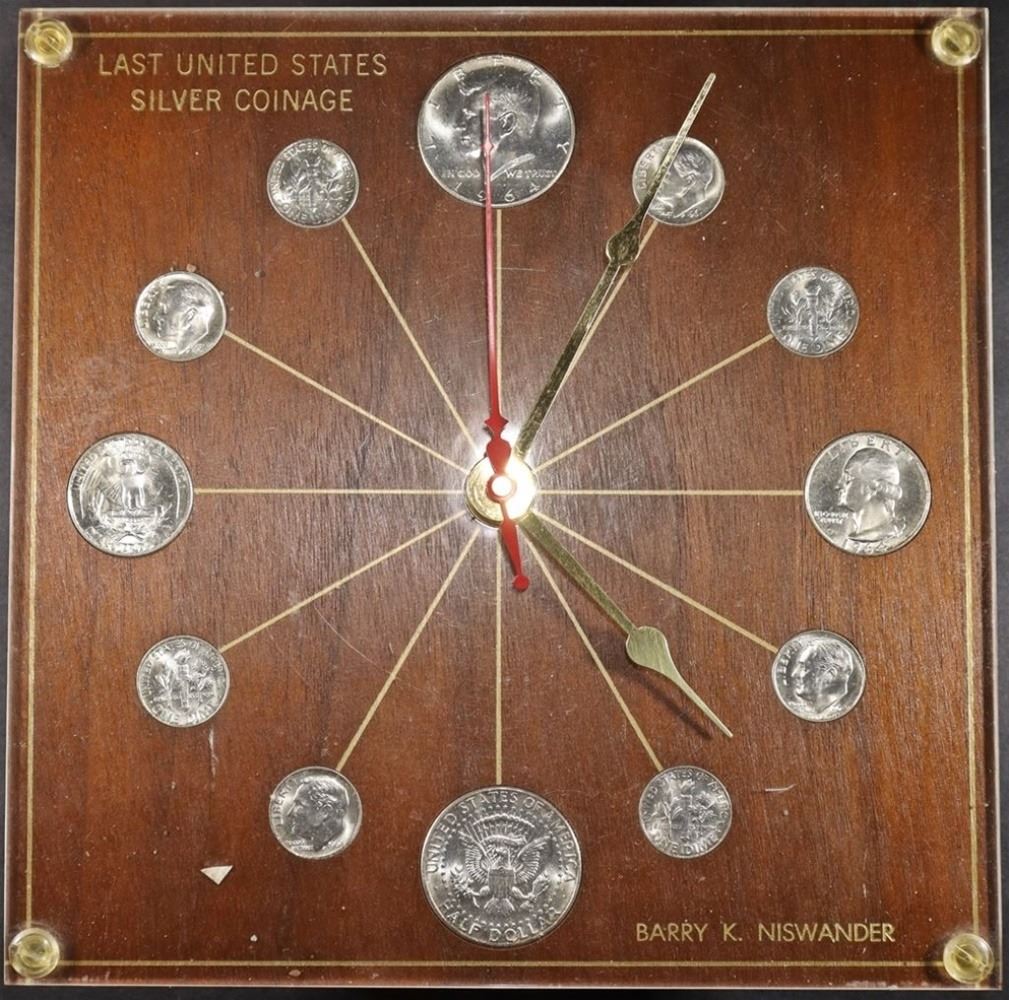 BROWN MARIAN KAY SILVER COIN CLOCK