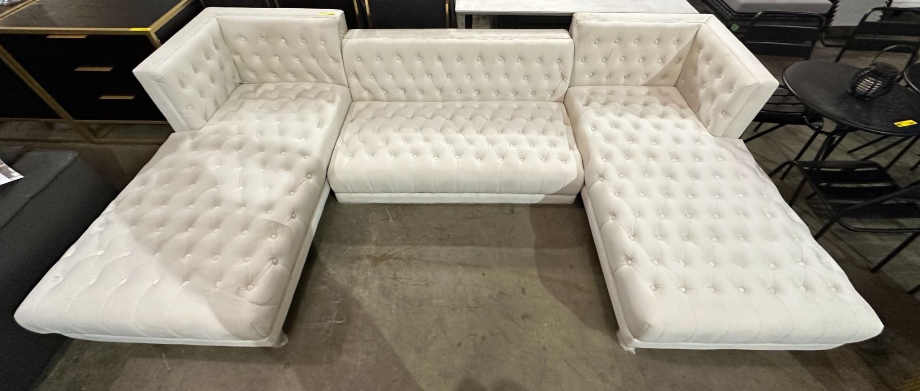 3 piece tufted and studded double chaise sofa 128in W 68in D (middle ...