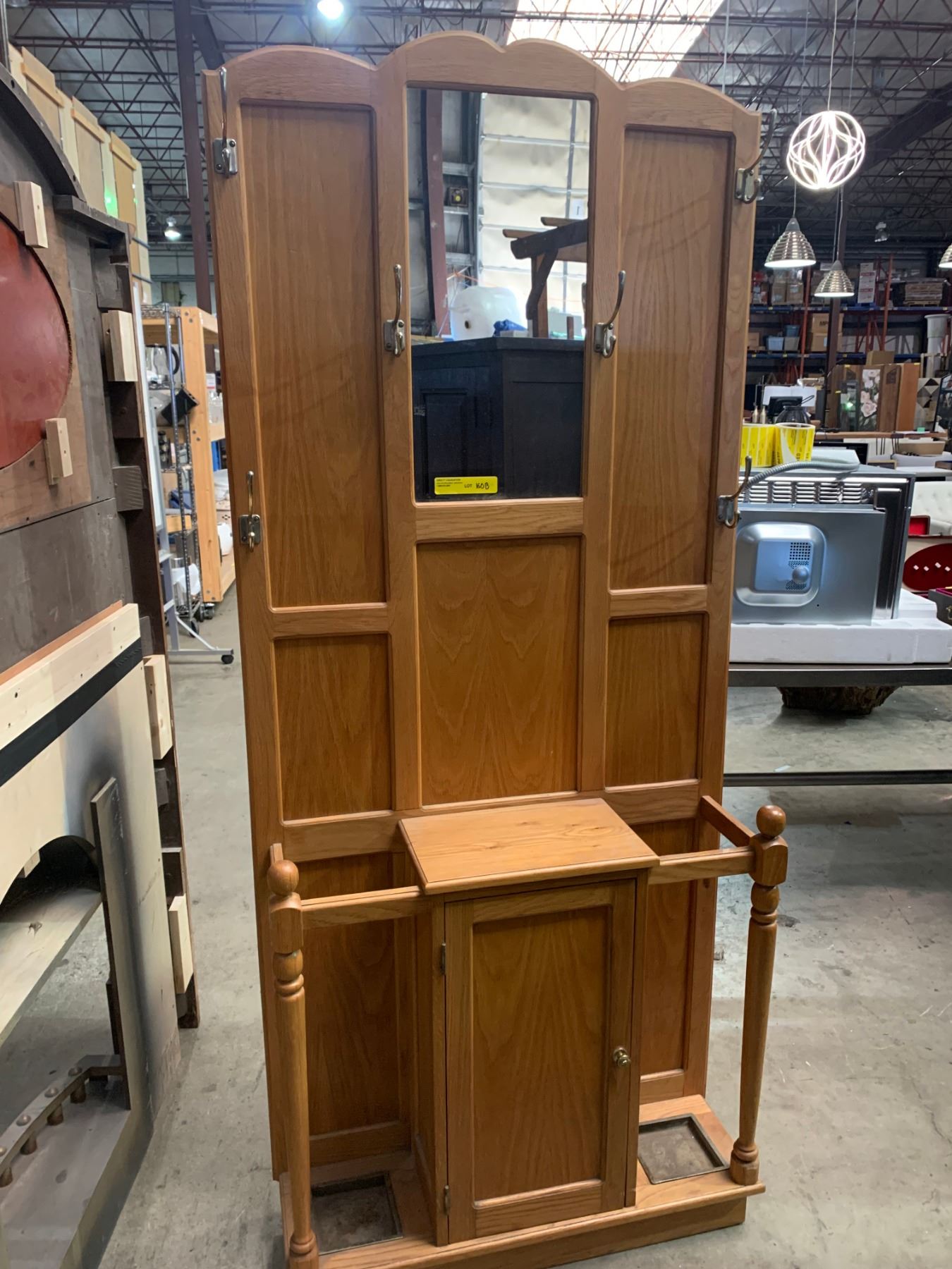 Oak mirror back hall stand 33in W 76in H