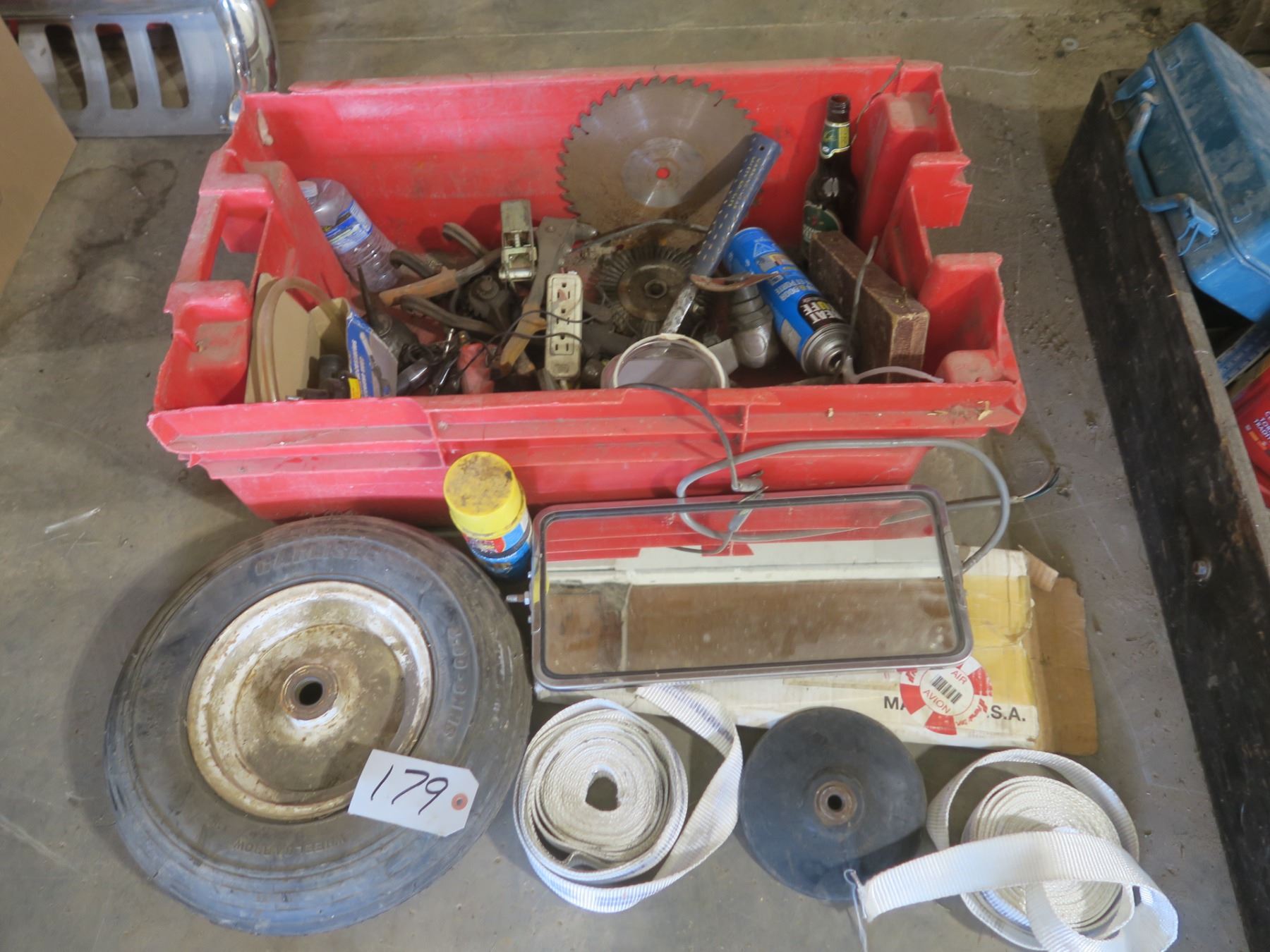 Large plastic bin with assorted parts & tools: Wheel barrow wheel, saw ...