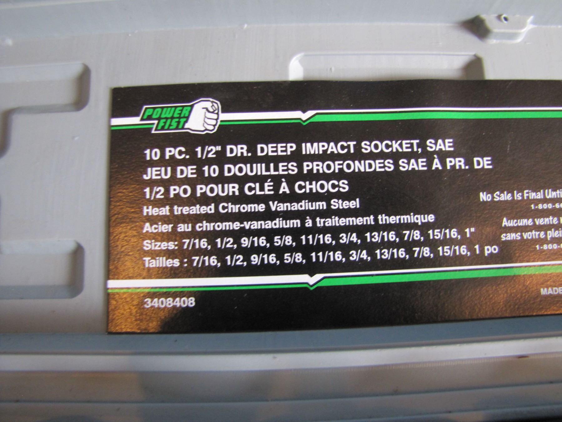 Power fist 10 piece half inch drive deep impact socket set