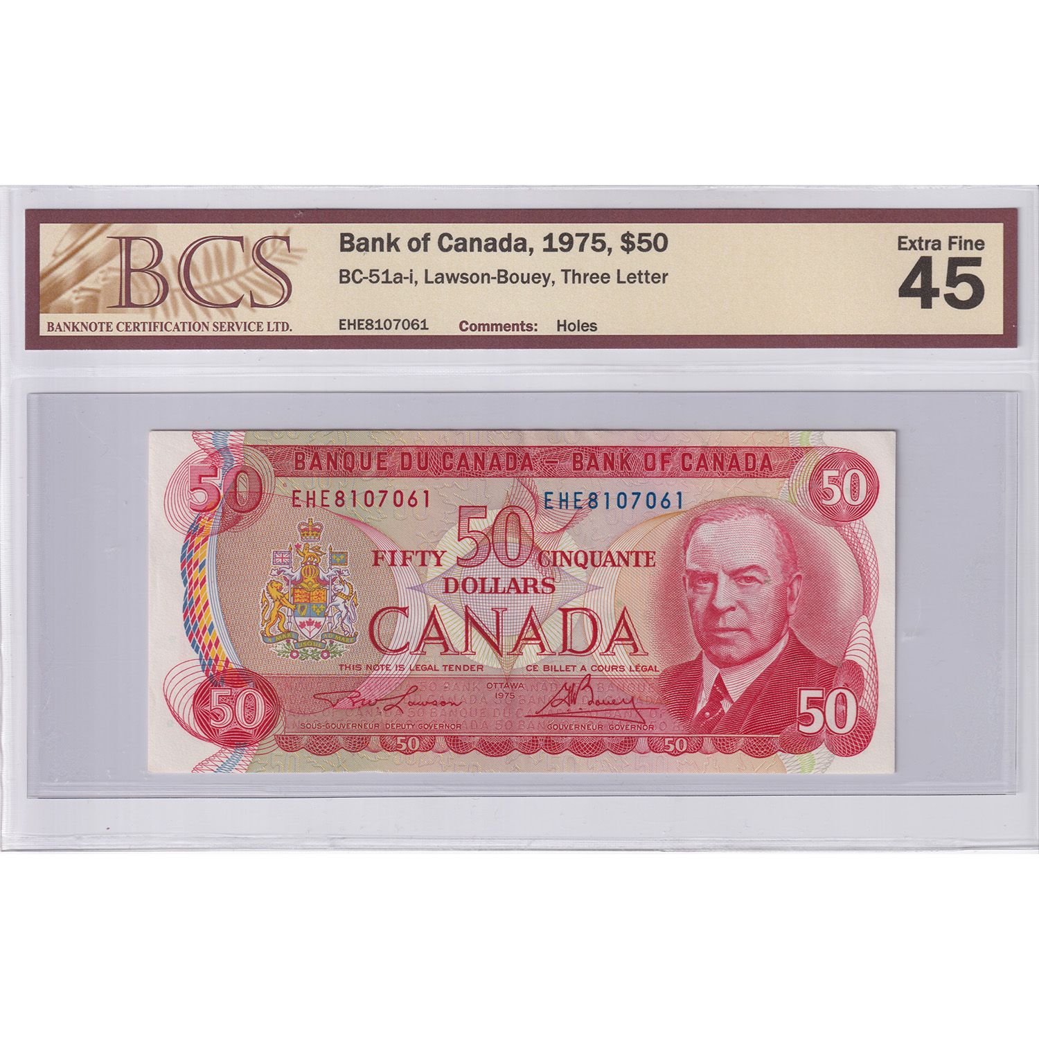 BC-51a-i 1975 $50 BCS EF45 Lawson-Bouey Three Letter S/N: EHE8107061 (Small pinholes)