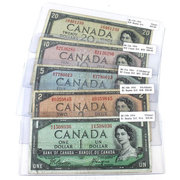 Lot of 5x 1954 $1 to $20 Devil's Face Notes VG-F to VF. Notes contain ...